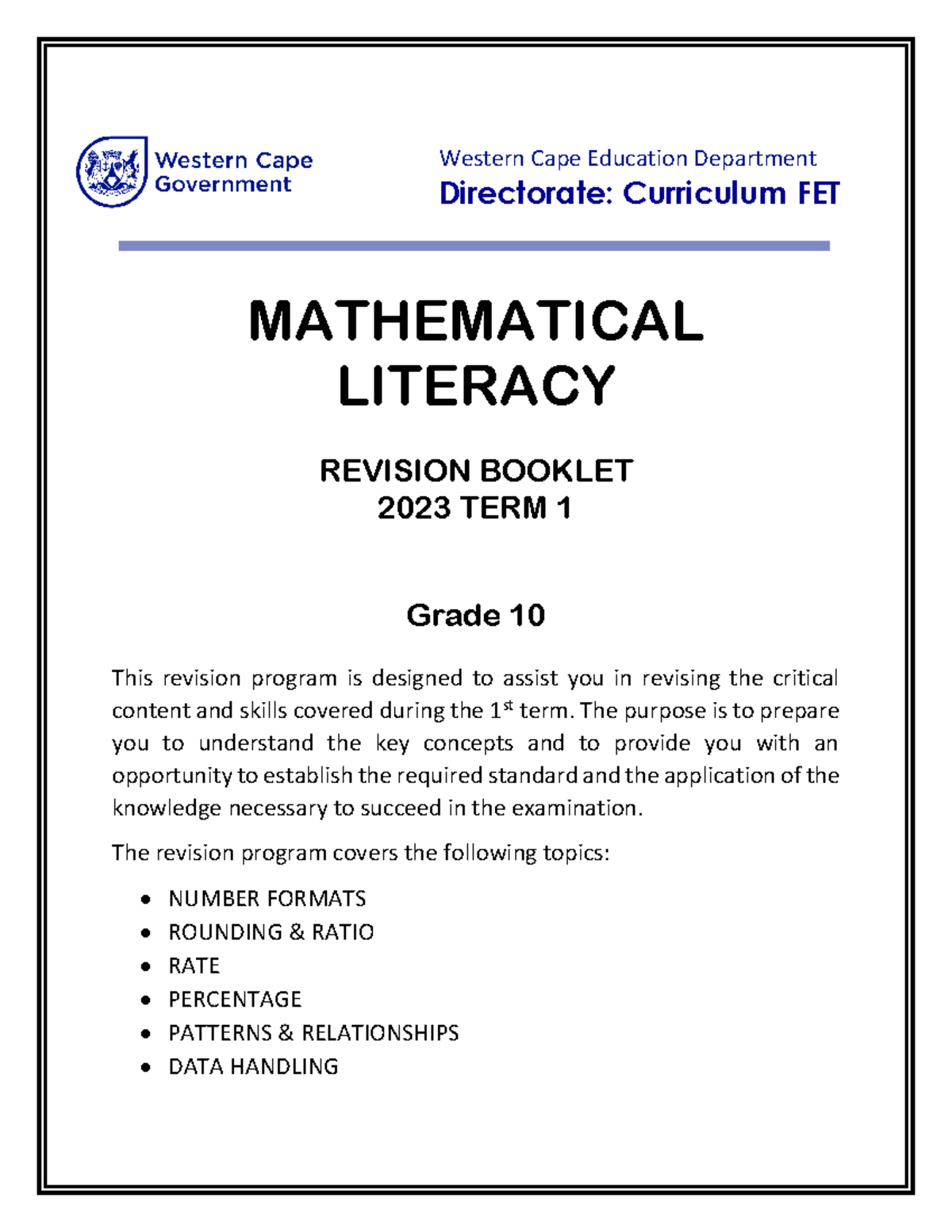 Mathematical Literacy Grade 10 Term 1 Western Cape Education