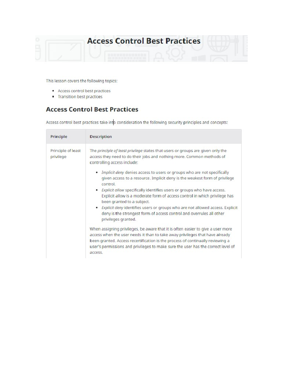 Chapter 6 notes - Access Control Best Practices This lesson covers the ...