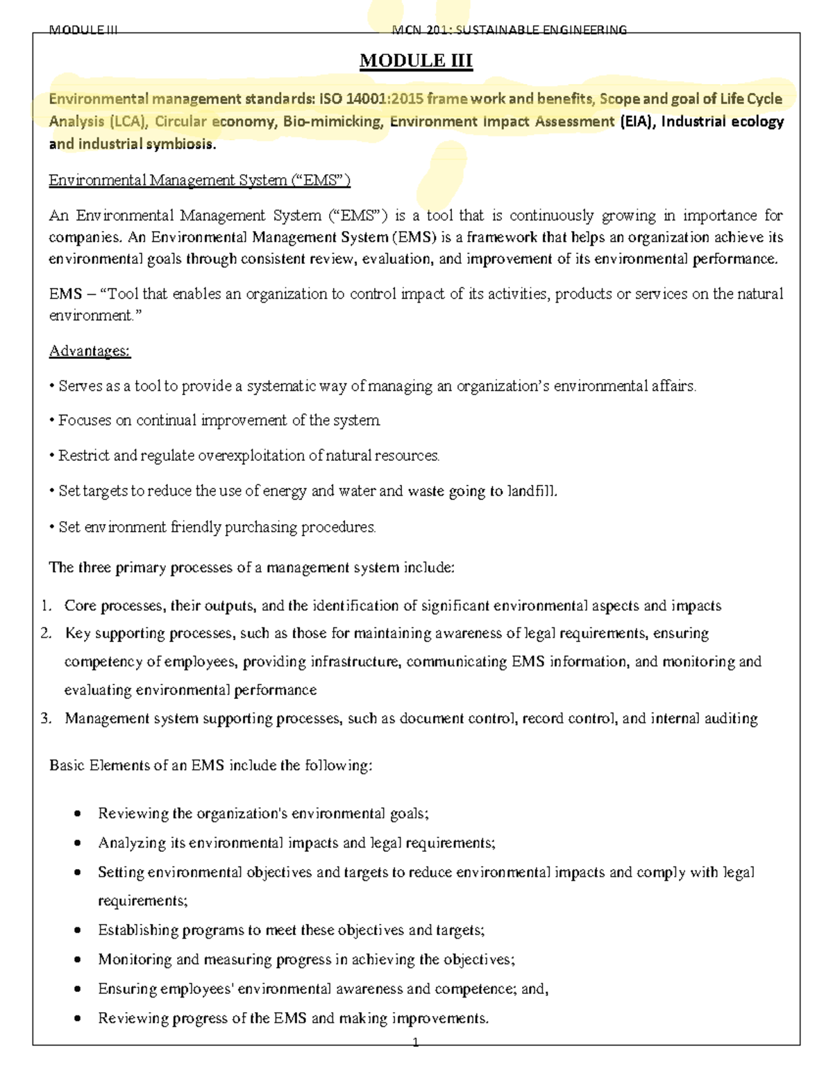 Module 3 MCN201 Sustainable ENGG - MODULE III Environmental management ...