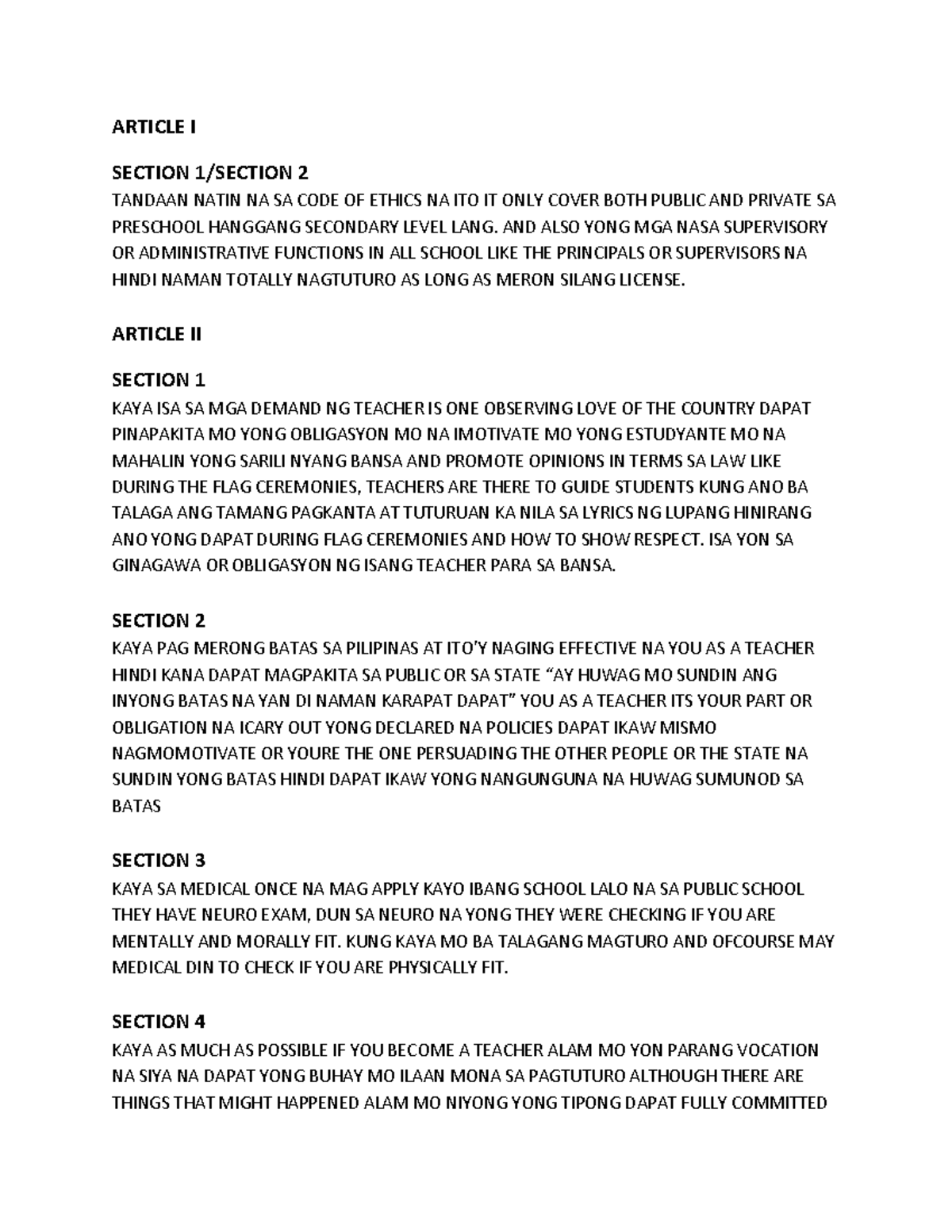 Script - ARTICLE I SECTION 1/SECTION 2 TANDAAN NATIN NA SA CODE OF ETHICS NA ITO IT ONLY COVER ...