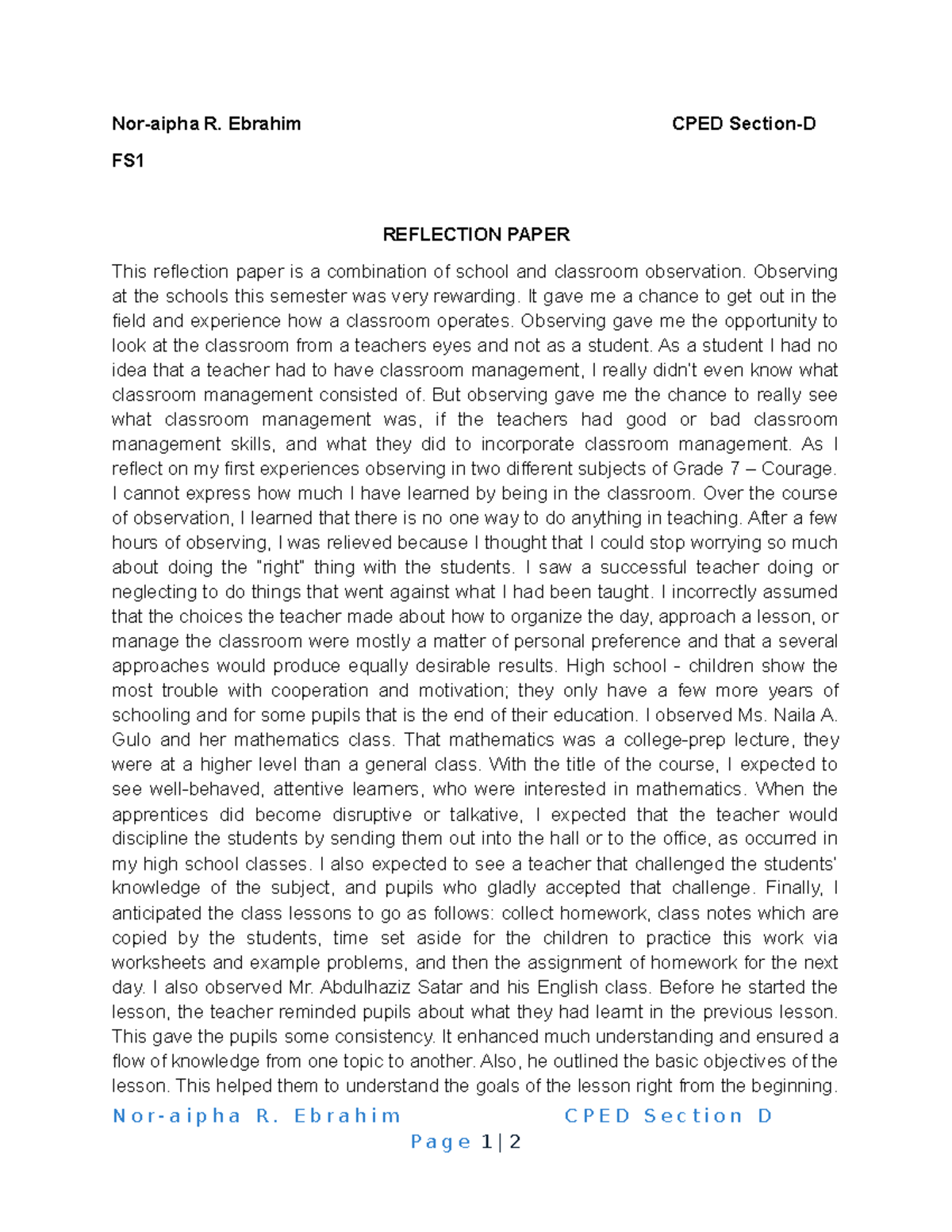 My Reflection Paper - Assignment - Nor-aipha R. Ebrahim CPED Section-D ...