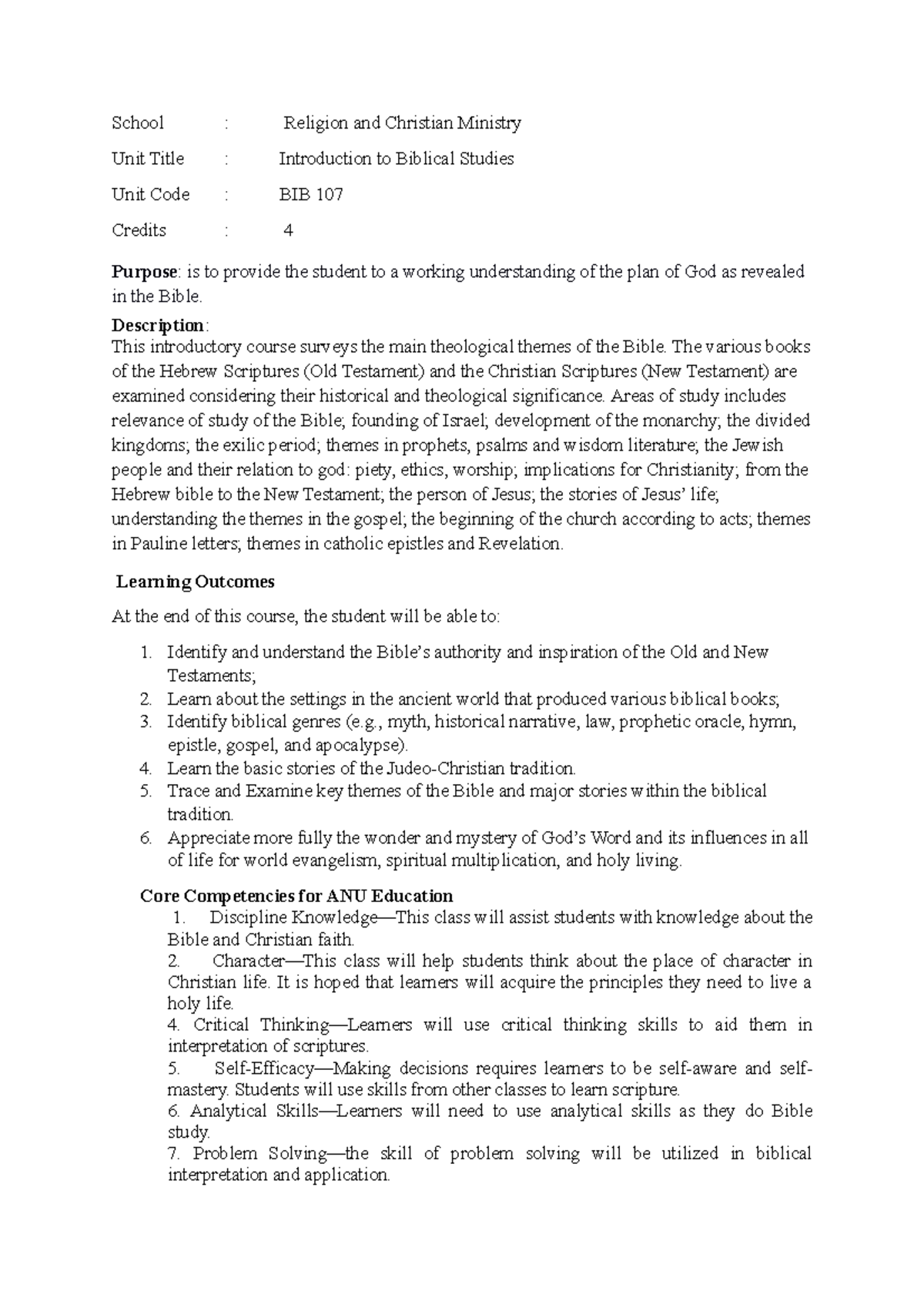 Course Outline - Bachelor of Business Management - School : Religion ...