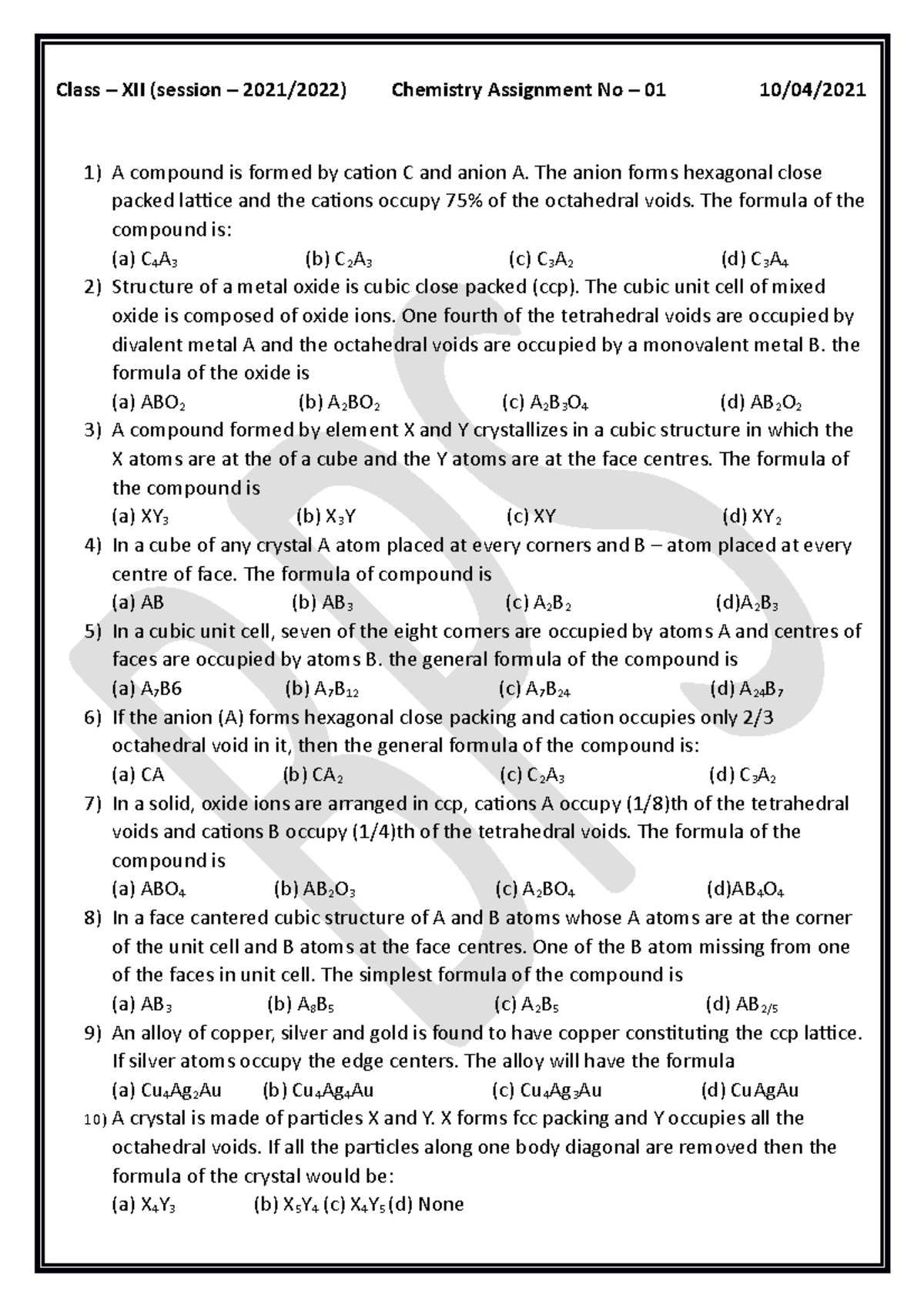 Assignment No - 01 - Class – XII (session – 2021/2022) Chemistry ...