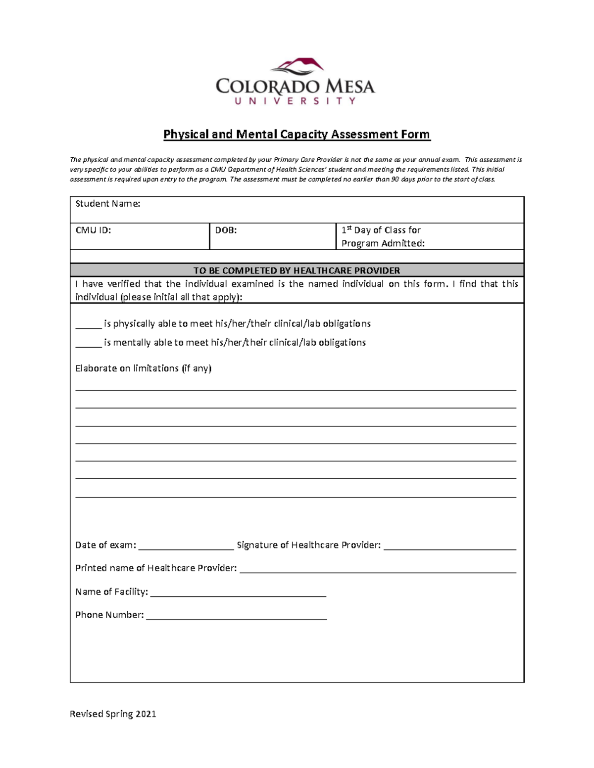 Physical and mental capacity assessment form - Revised Spring 2021 ...