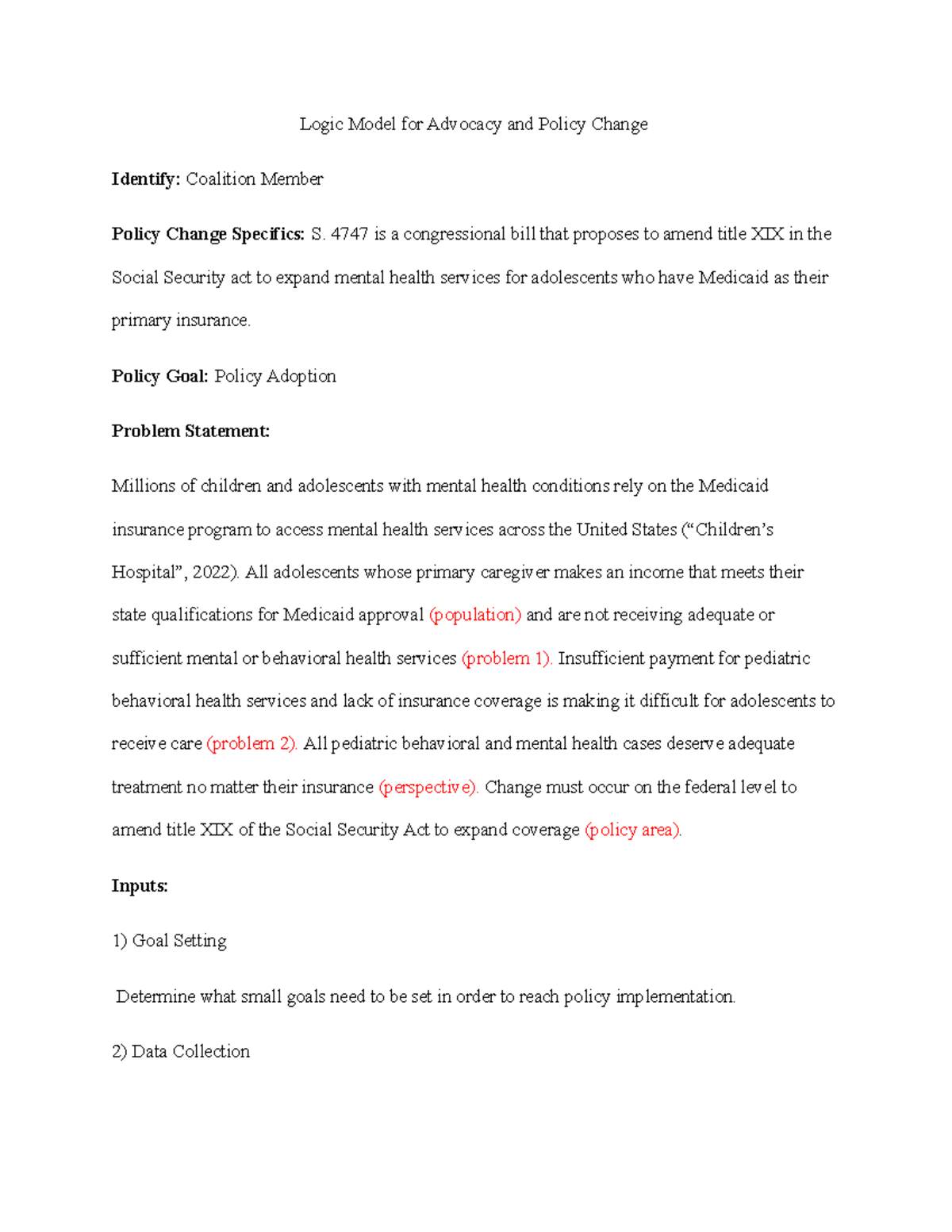 Swrk 5707 Assignment 5 Logic Model Copy Logic Model For Advocacy And 2396