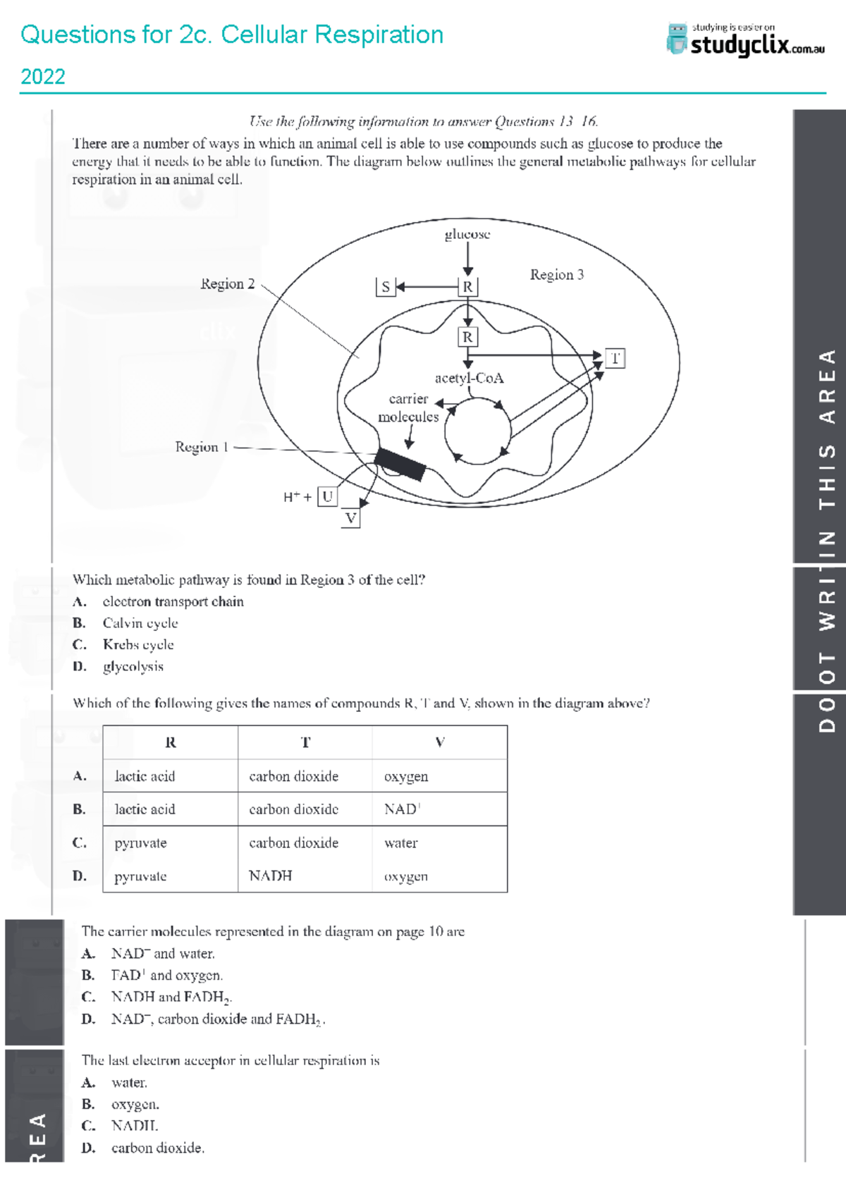 Questions for cellularrespiration with solutions - BIOL10002 ...