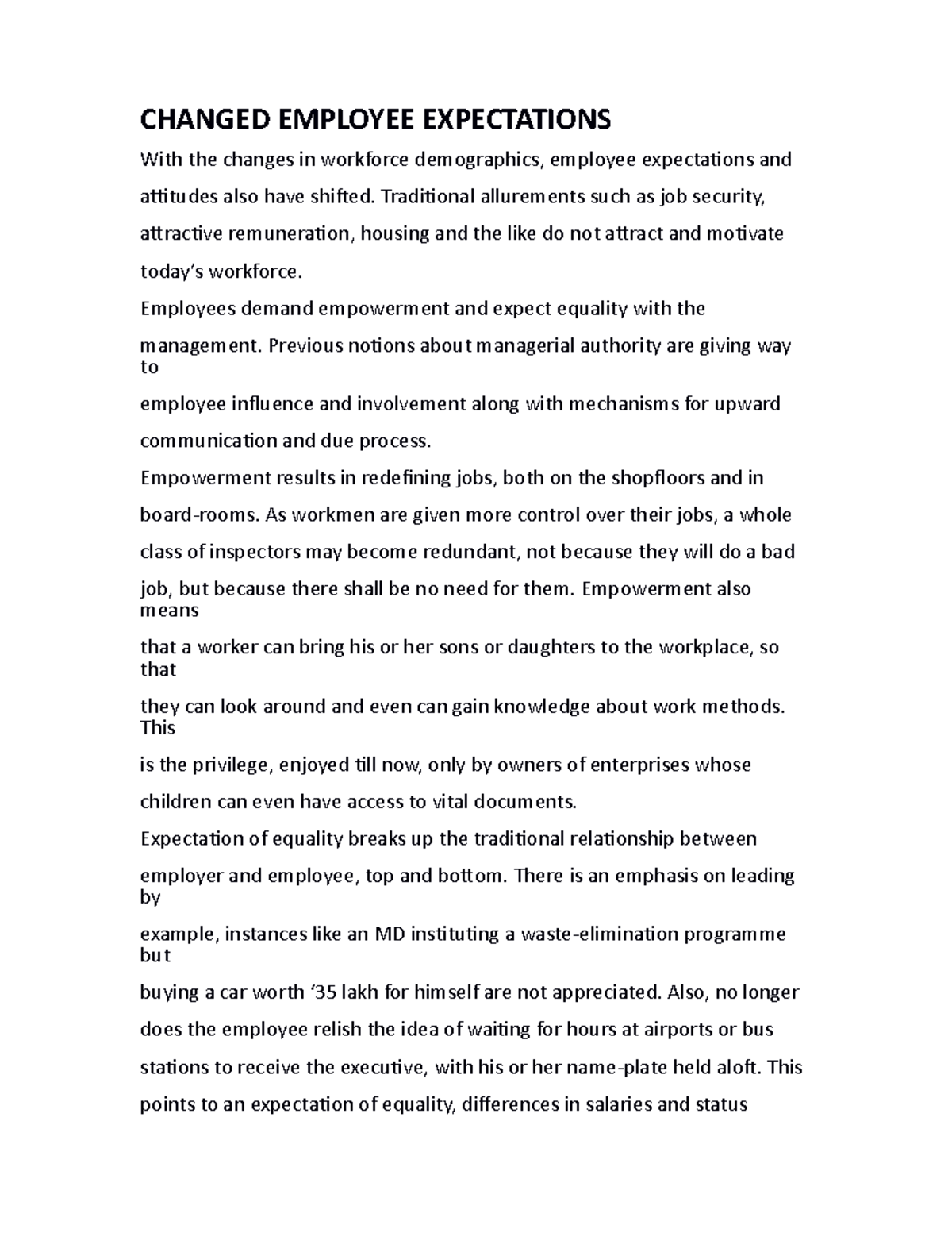 Changed Employee Expectations notes - CHANGED EMPLOYEE EXPECTATIONS ...