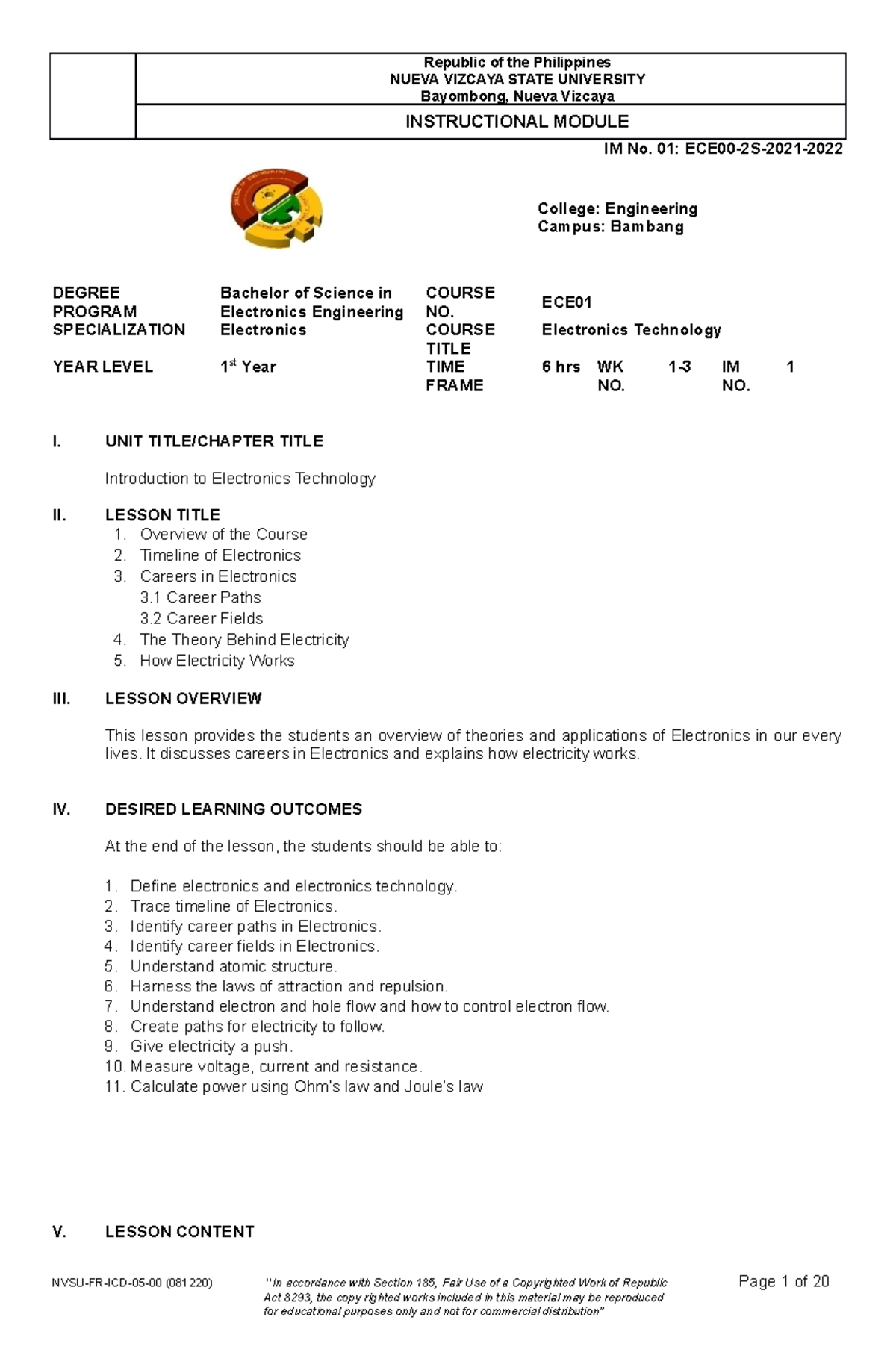 IM01-Electronics Technology Wk 1-3 - NUEVA VIZCAYA STATE UNIVERSITY ...
