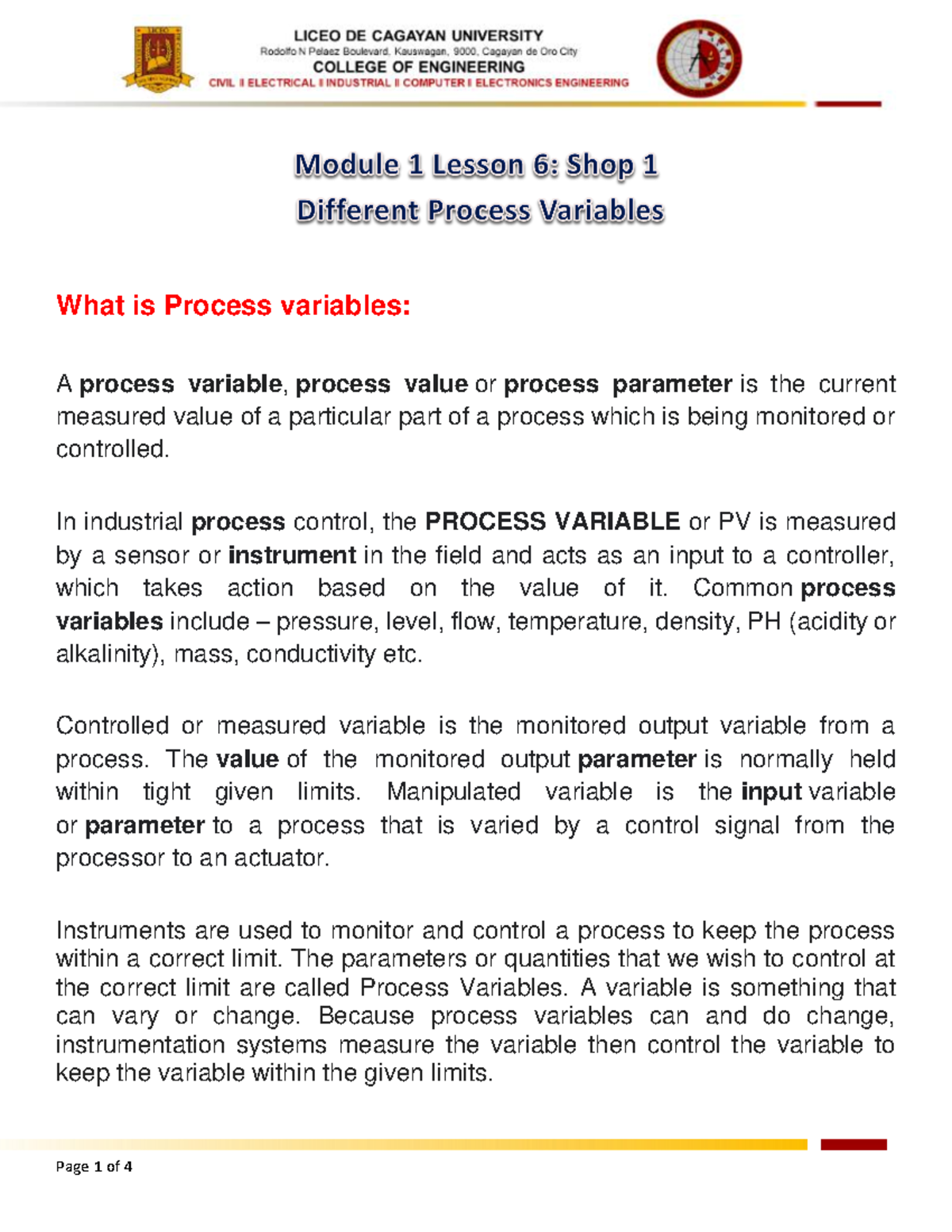 Module 1 Lesson 6 Shop 1 Basic I&C - What is Process variables: A ...