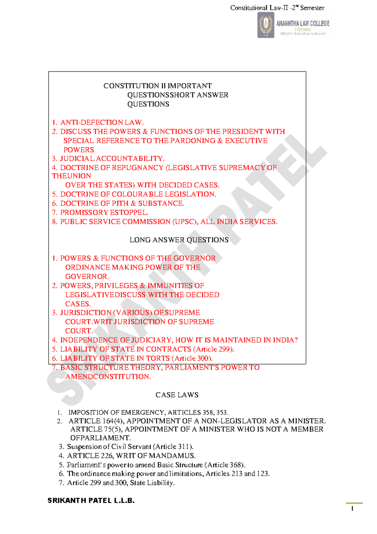 Constitutional LAW II Anantha Study Material - SRIKANTH PATEL L. CONSTITUTION II IMPORTANT - Studocu
