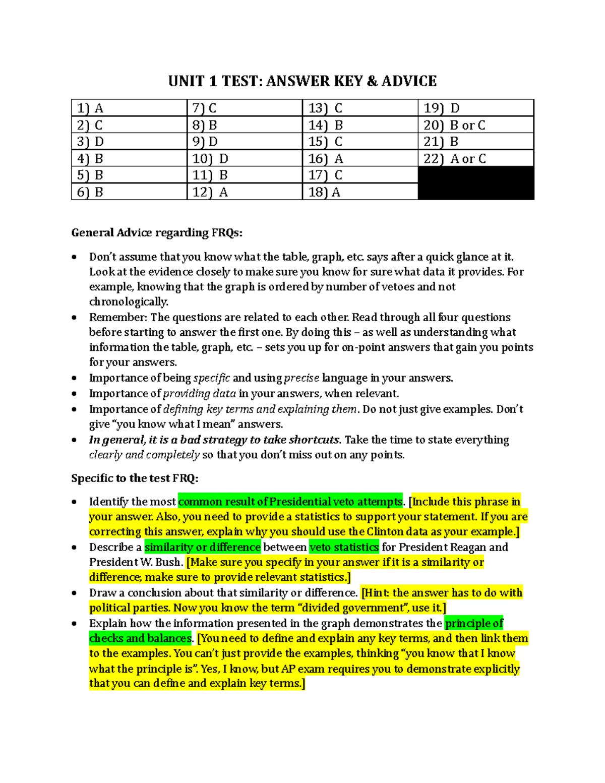 Unit 1 Test - MCQs and FRQ advice - UNIT 1 TEST: ANSWER KEY & ADVICE 1 ...