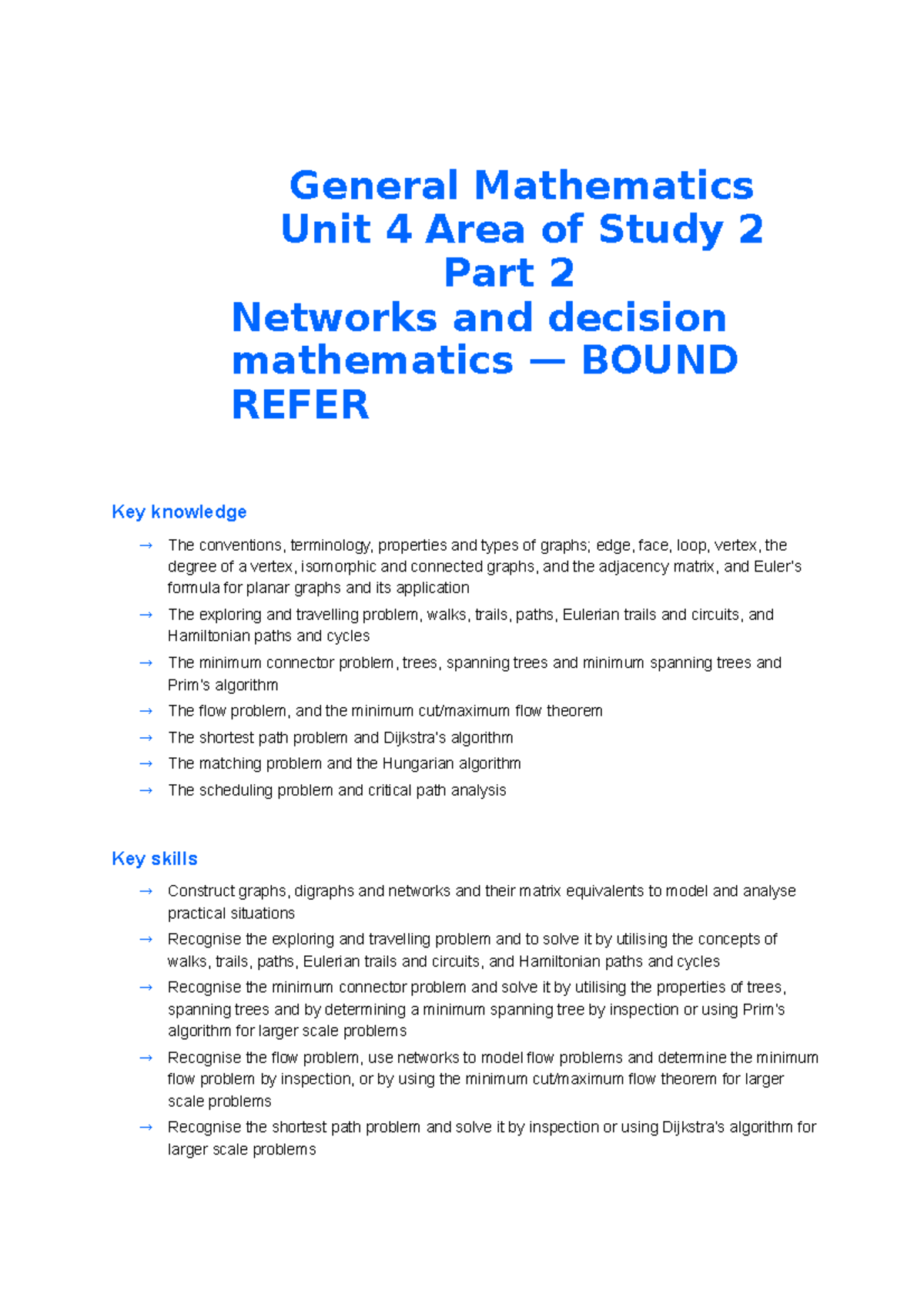 General Mathematics Unit 4 Area of Study 2 Part 2 Networks and decision ...