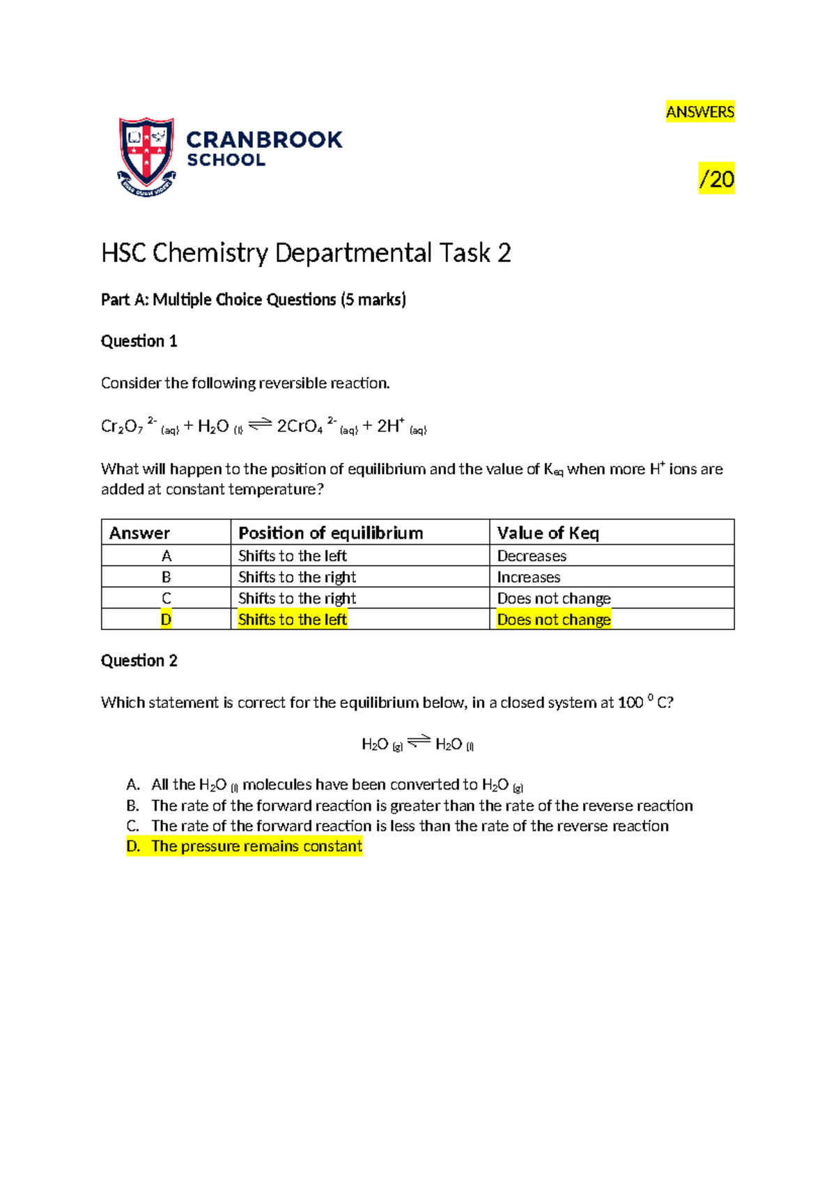 Task 2 Answers - Cranbrook topic tests - ANSWERS / HSC Chemistry ...
