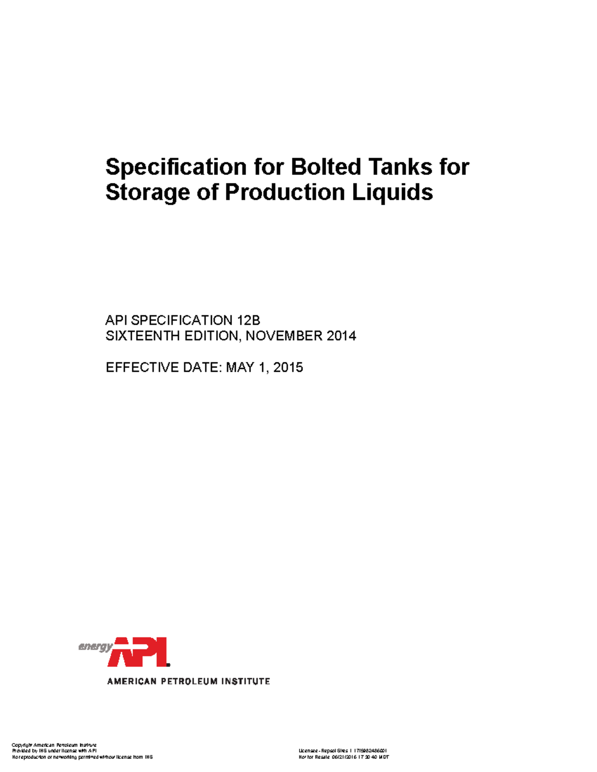 API 12B - Norma Técnica Americana - Specification for Bolted Tanks for ...
