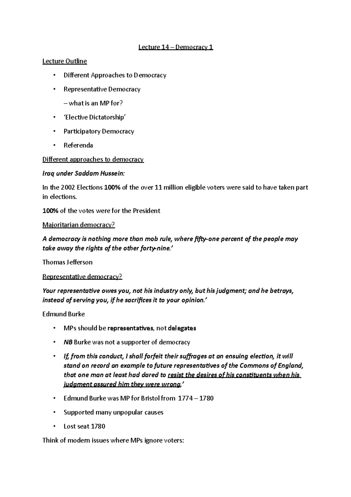 Lecture 14 - Democracy - Lecture 14 – Democracy 1 Lecture Outline ...