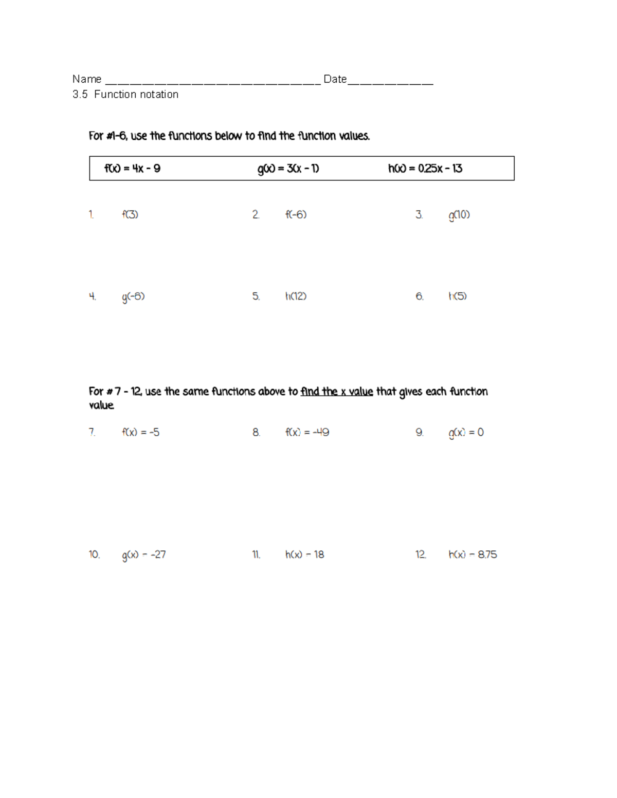 3.6 Function notation - Name ___________________________________ Date ...