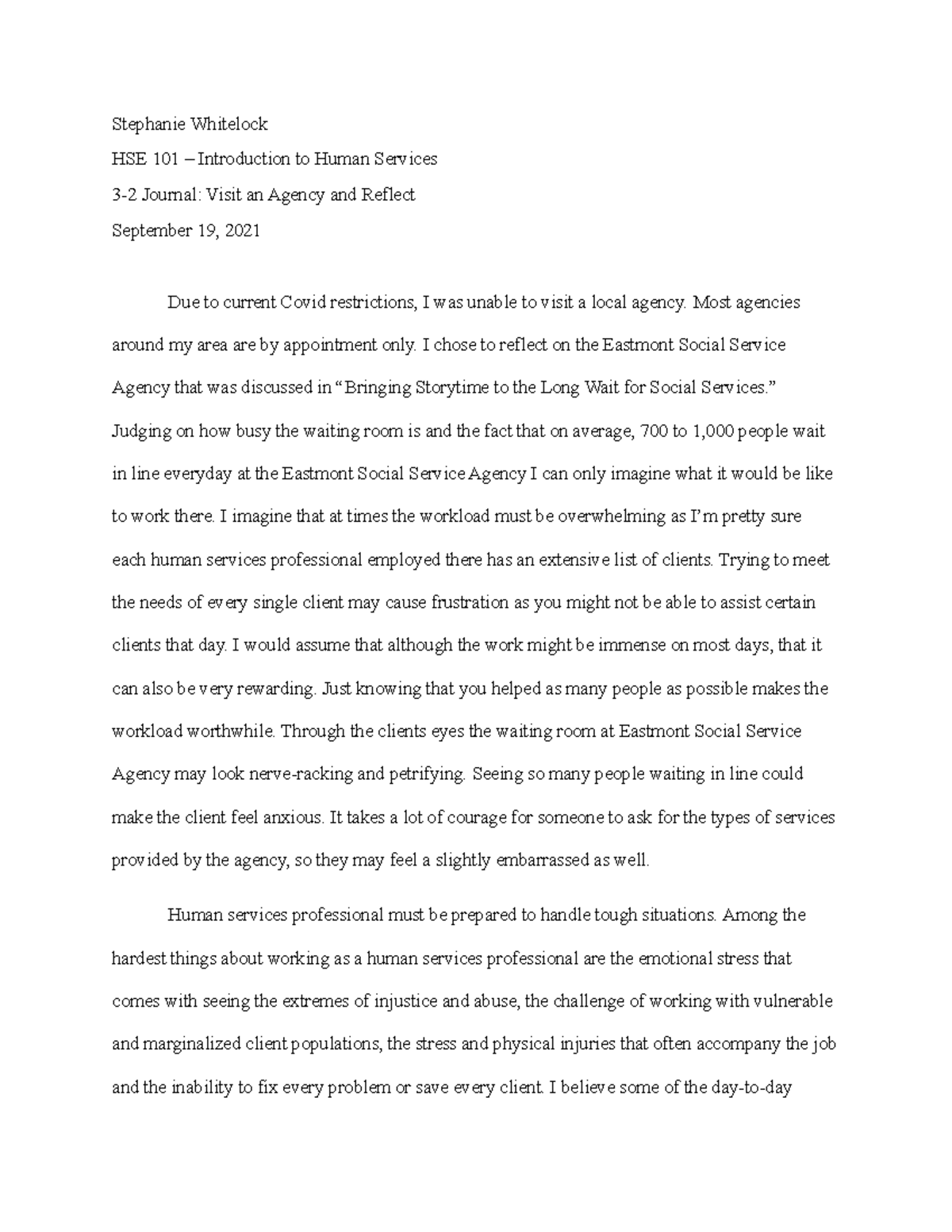 HSE 101 3-2 Journal Visit an Agency and Reflect - Stephanie Whitelock ...