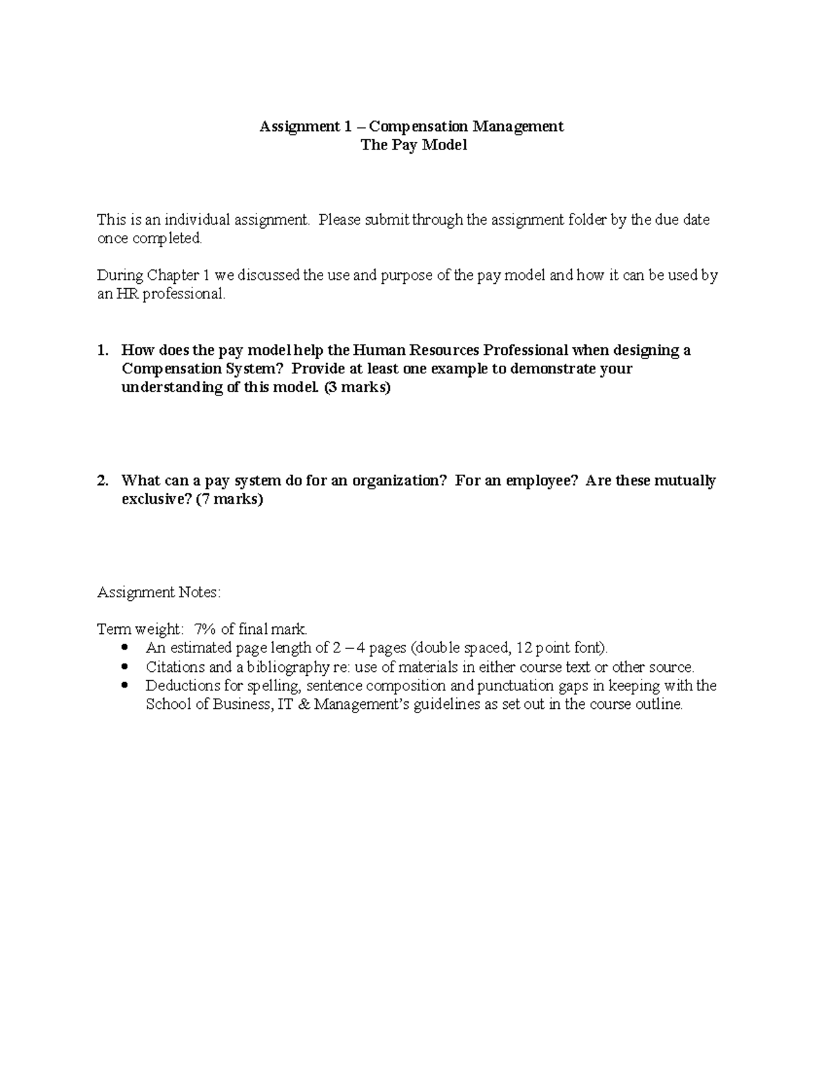 Compensation Assignment 1 - HRM - Durham College - Studocu