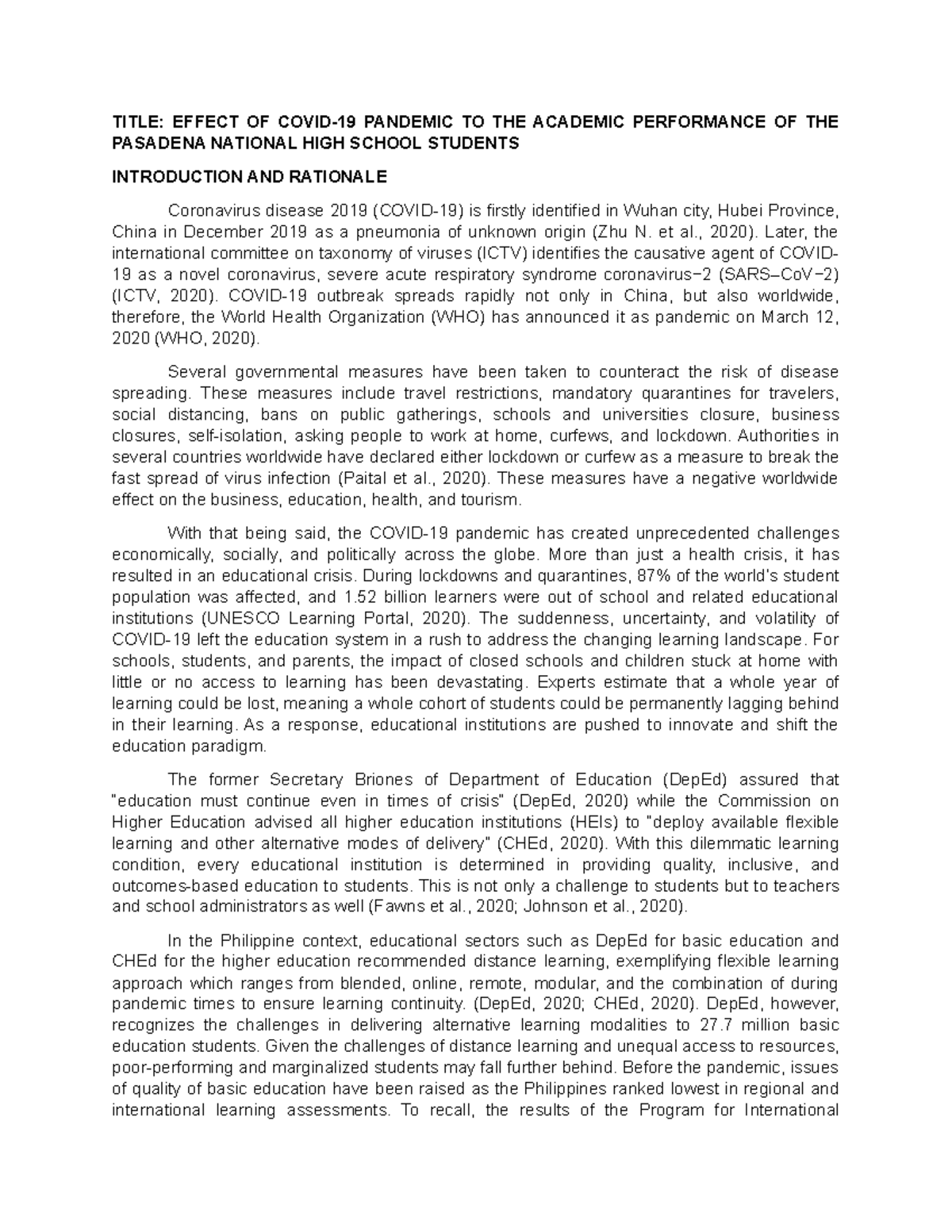 Title - This is a research proposal - TITLE: EFFECT OF COVID-19 ...