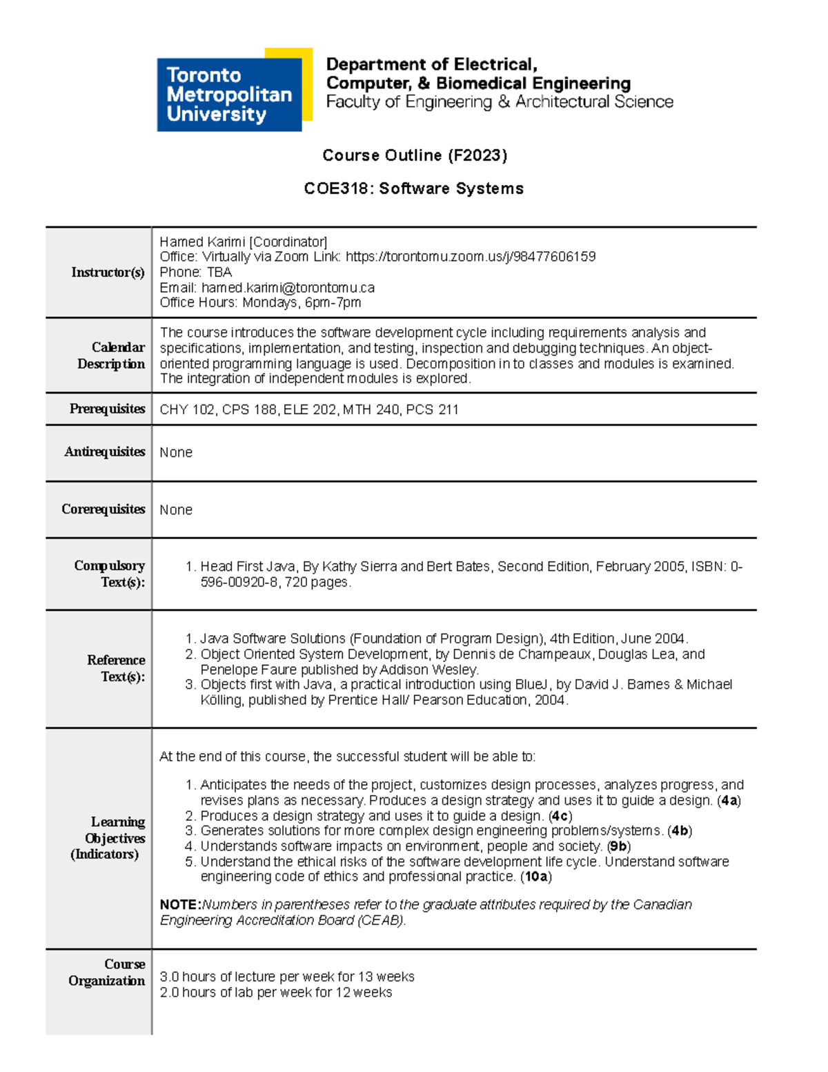 COE318-F2023-Course Outline - Course Outline (F2023) COE318: Software ...