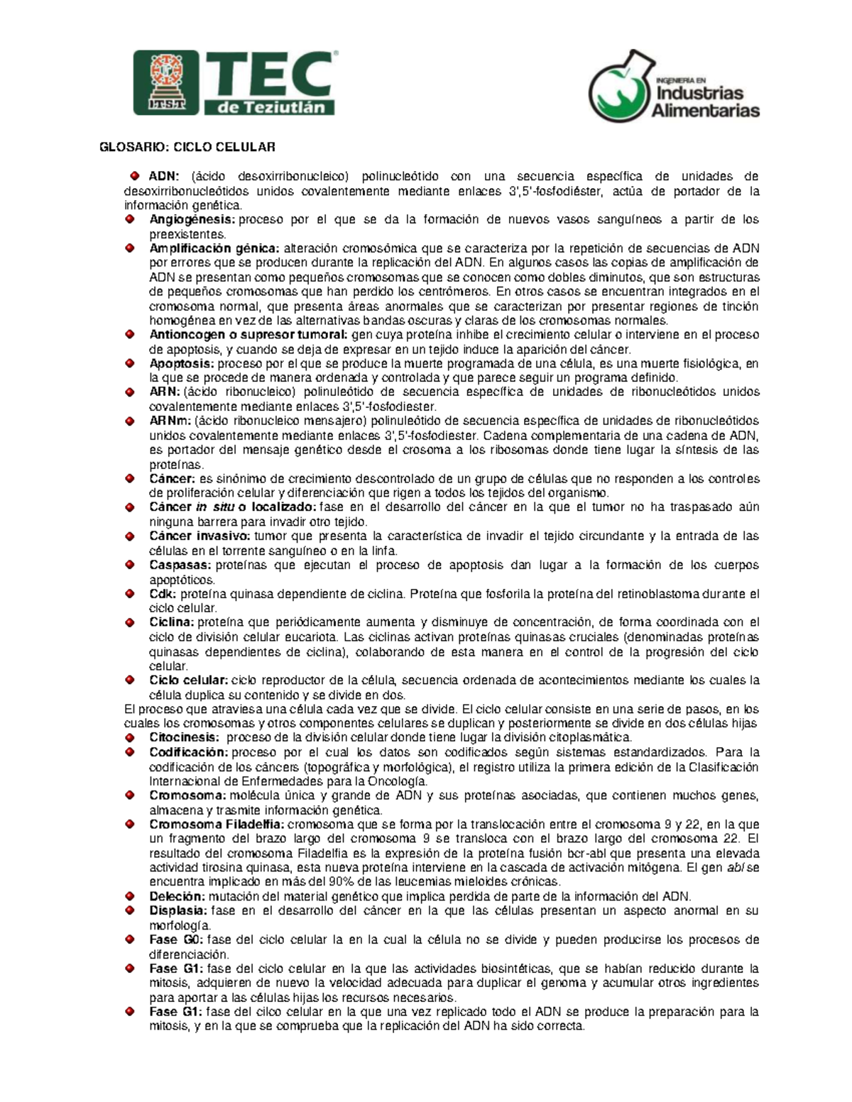 Glosario ciclo celular - Warning: TT: undefined function: 32 GLOSARIO: CICLO CELULAR ADN: (ácido ...