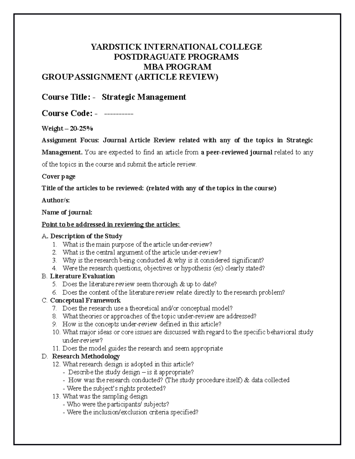 Assignment, Strategic Mgt - YARDSTICK INTERNATIONAL COLLEGE POSTDRAGUATE PROGRAMS MBA PROGRAM ...