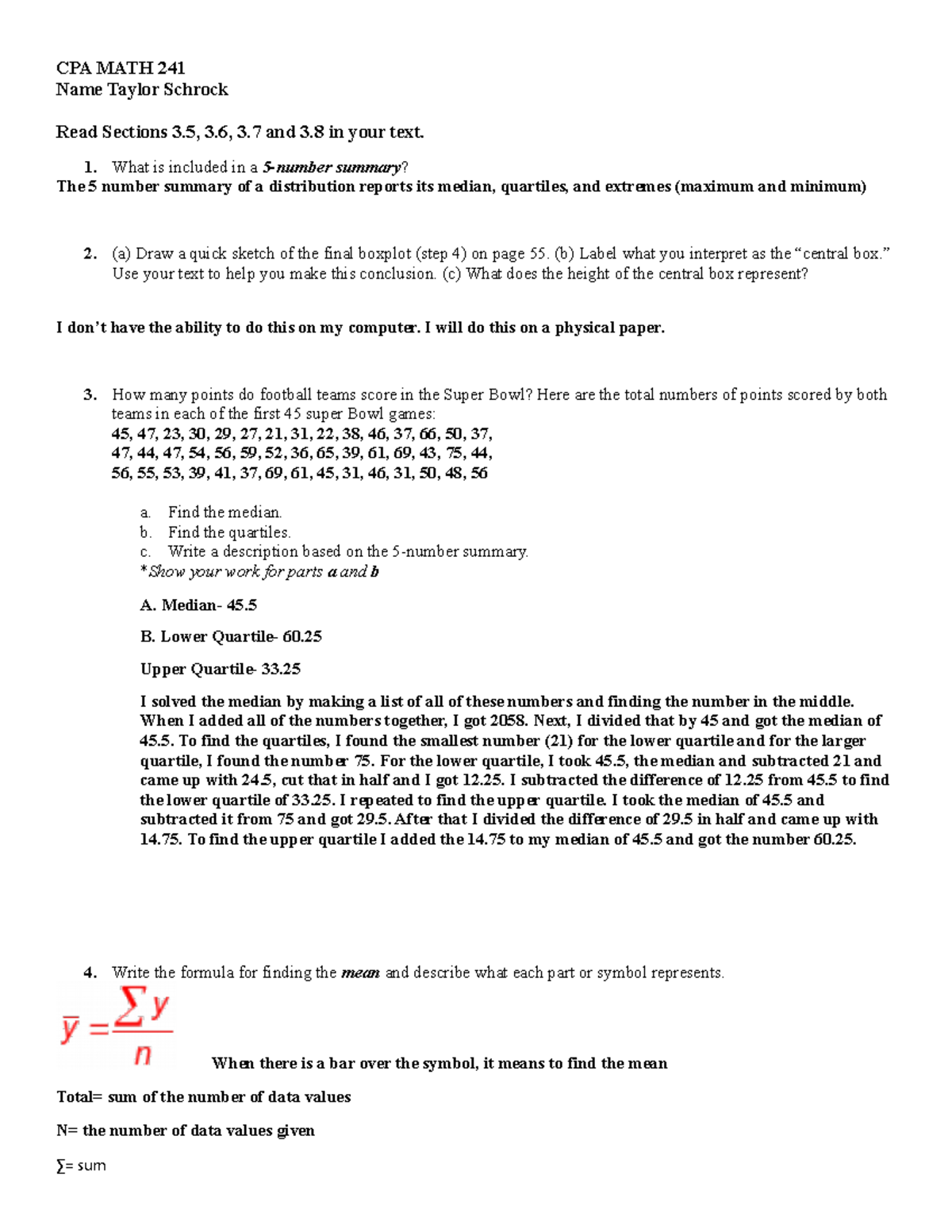 MATH 241 CPA 3 - CPA - CPA MATH 241 Name Taylor Schrock Read Sections 3 ...