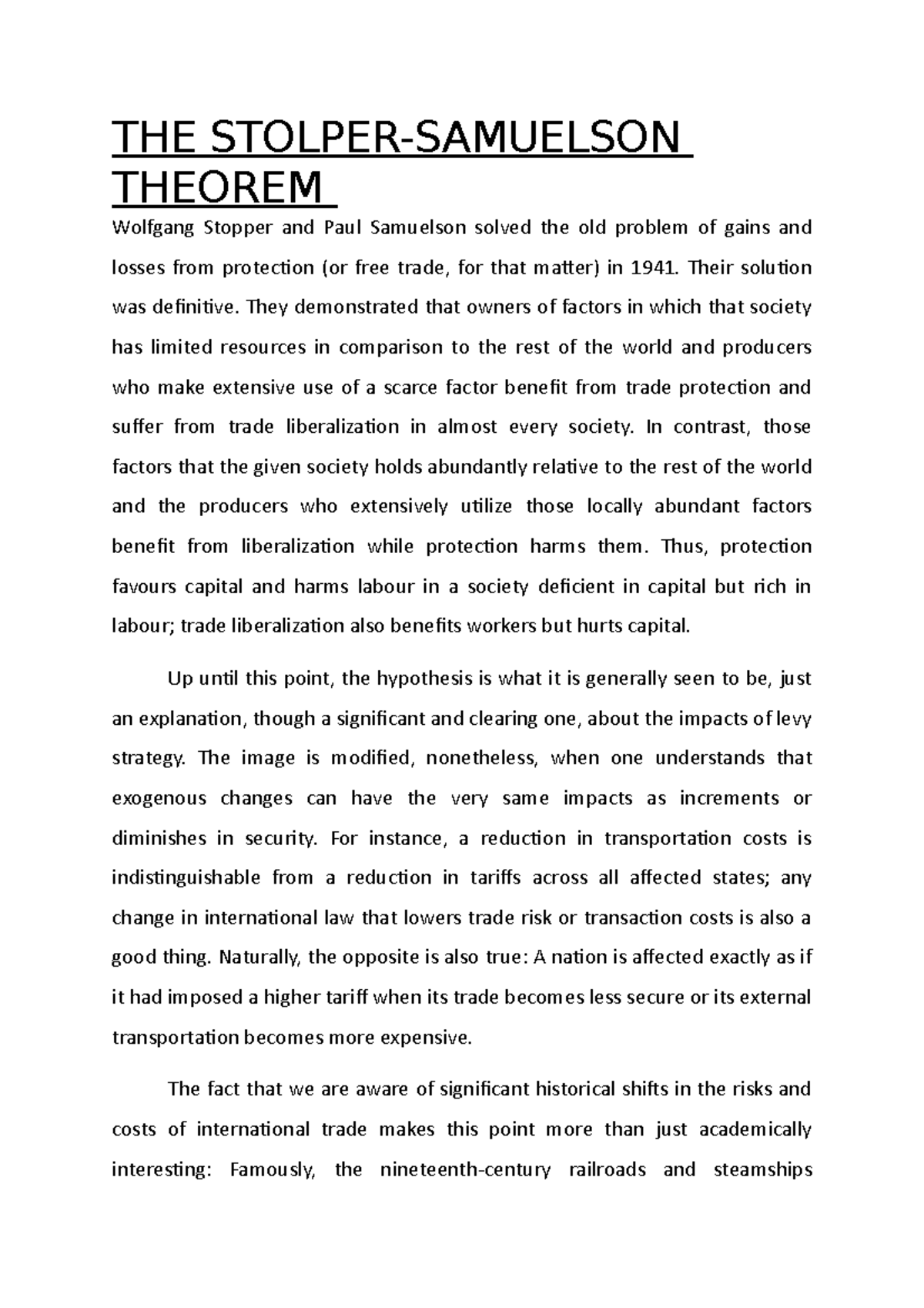 THE Stolper- Samuelson Theorem - THE STOLPER-SAMUELSON THEOREM Wolfgang Stopper and Paul ...