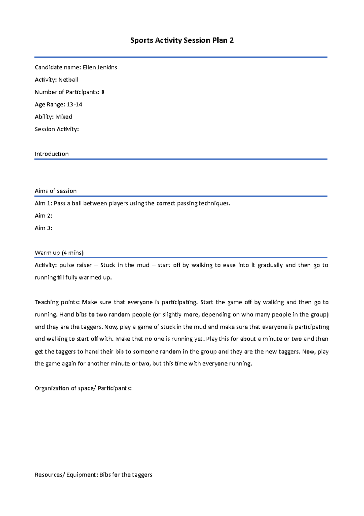 ESJ - session plan 2 - The - Sports Activity Session Plan 2 Candidate ...