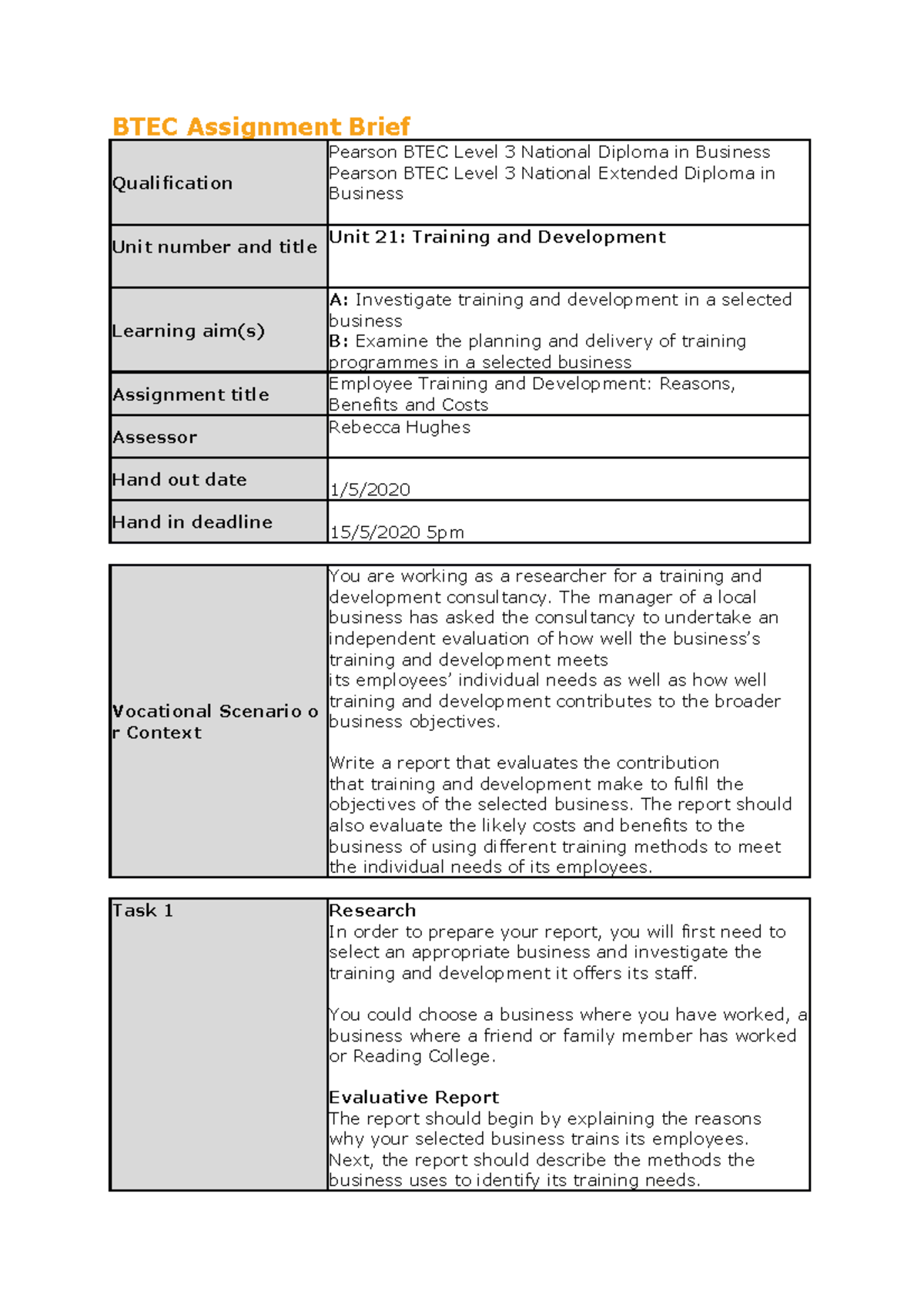 Unit 21 Rebecca - business - BTEC Assignment Brief Qualification ...