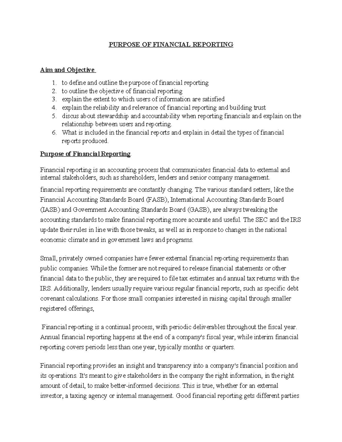 GBS 520 Financial and Management accounting - PURPOSE OF FINANCIAL ...