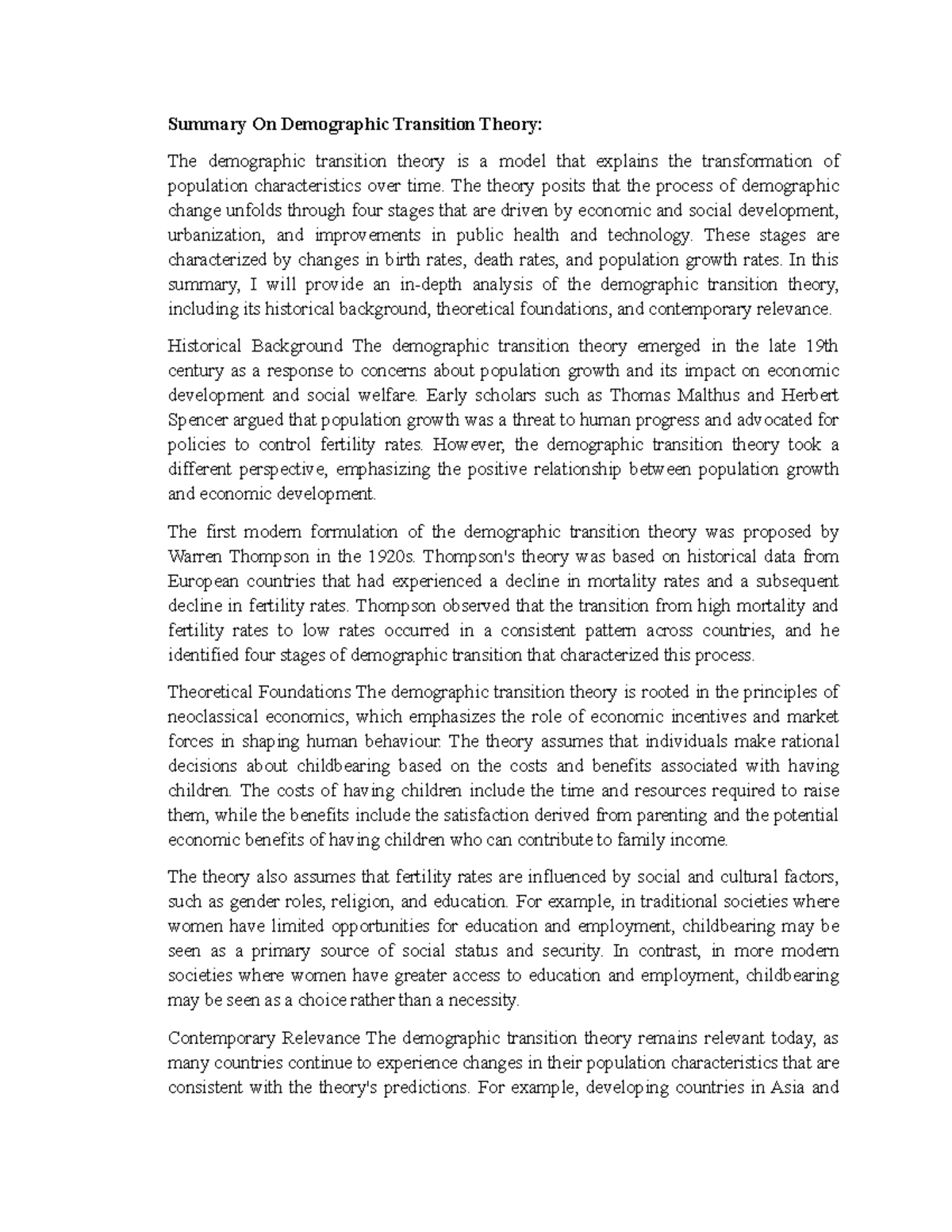 Summary On Demographic Transition Theory The Theory Posits That The