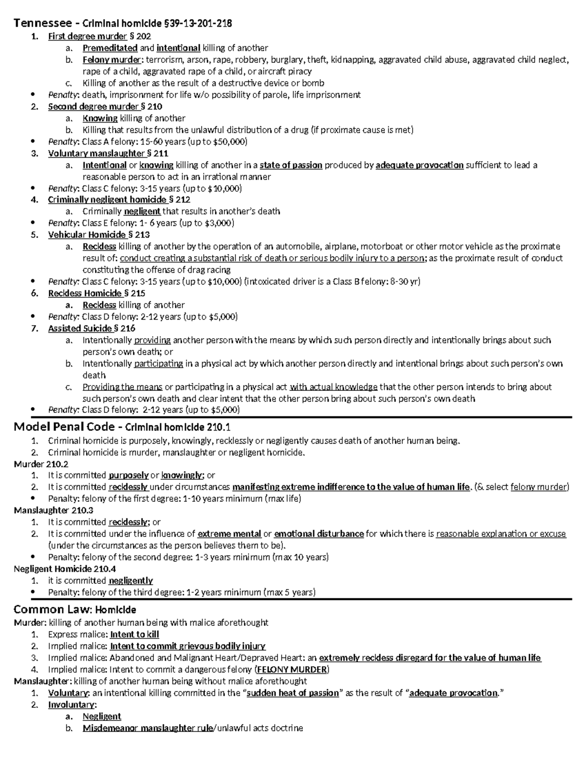 Comparisons on TN MPC and CL - Tennessee – Criminal homicide §39-13-201 ...