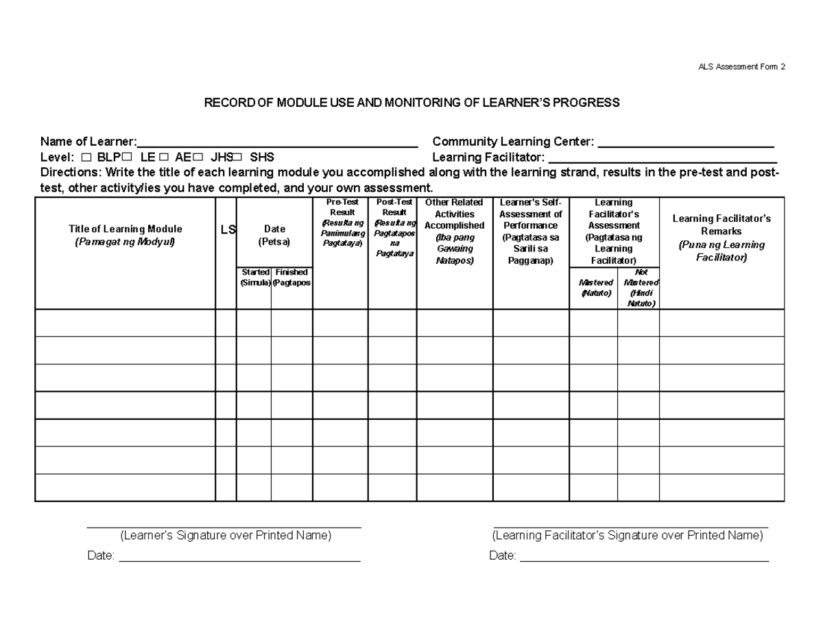 ALS Assessment Form 2 - Hsjsjz - ALS Assessment Form 2 RECORD OF MODULE ...