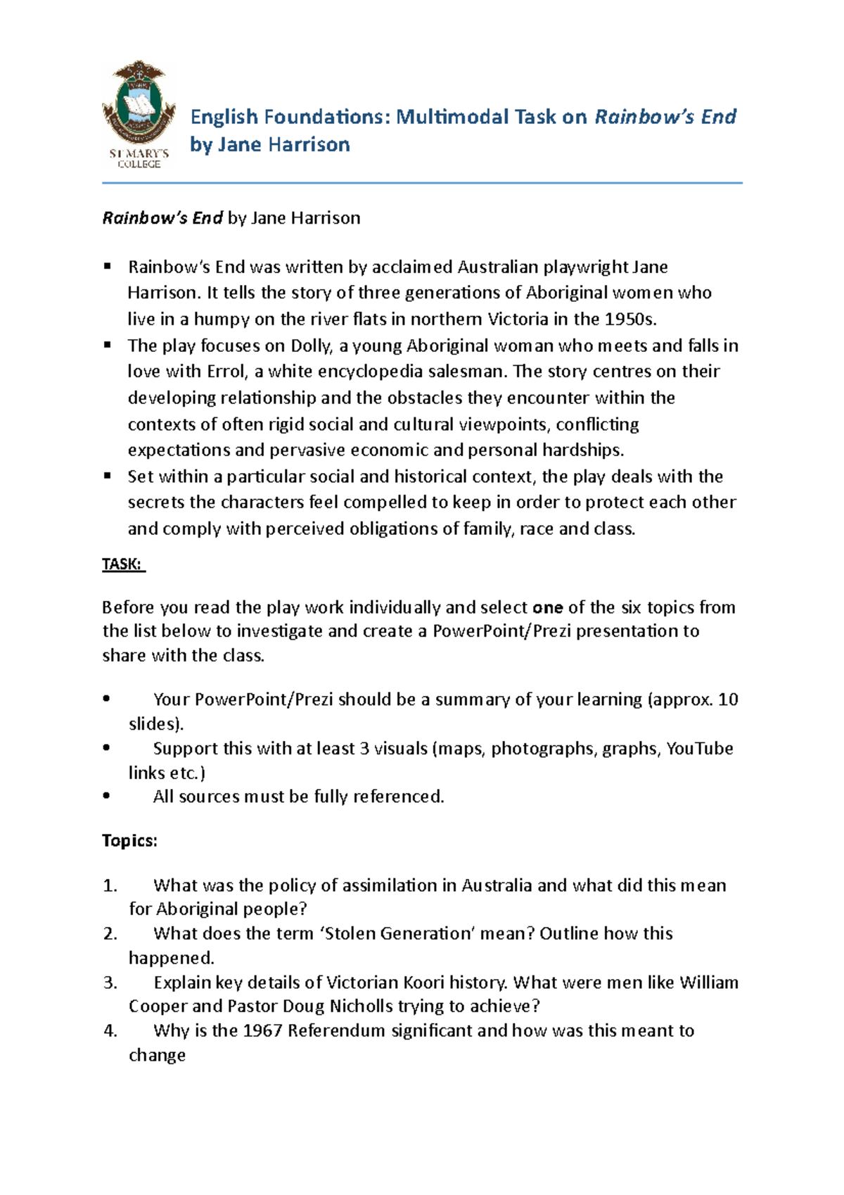 Rainbow's End Multimodal Assessment Task 2021 - English Foundations ...