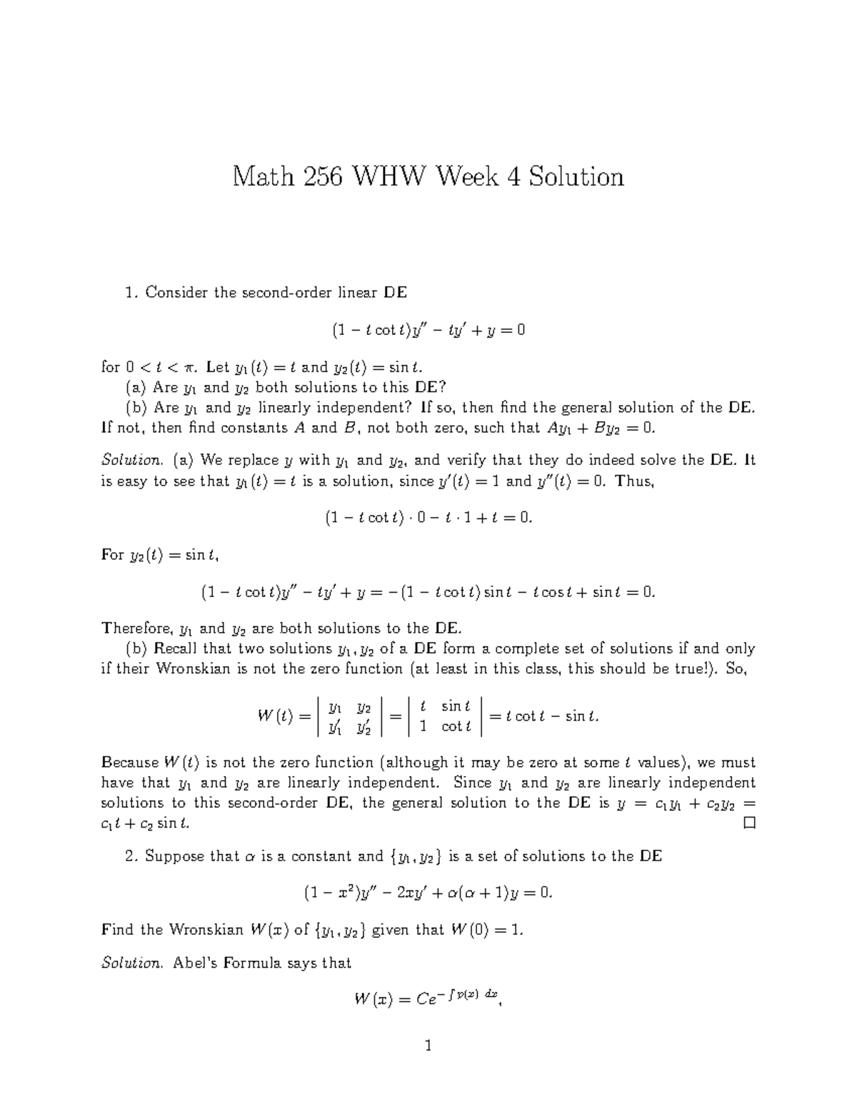 MTH256 ecampus WHW4 Solution - Math 256 WHW Week 4 Solution Consider the second-order linear DE ...