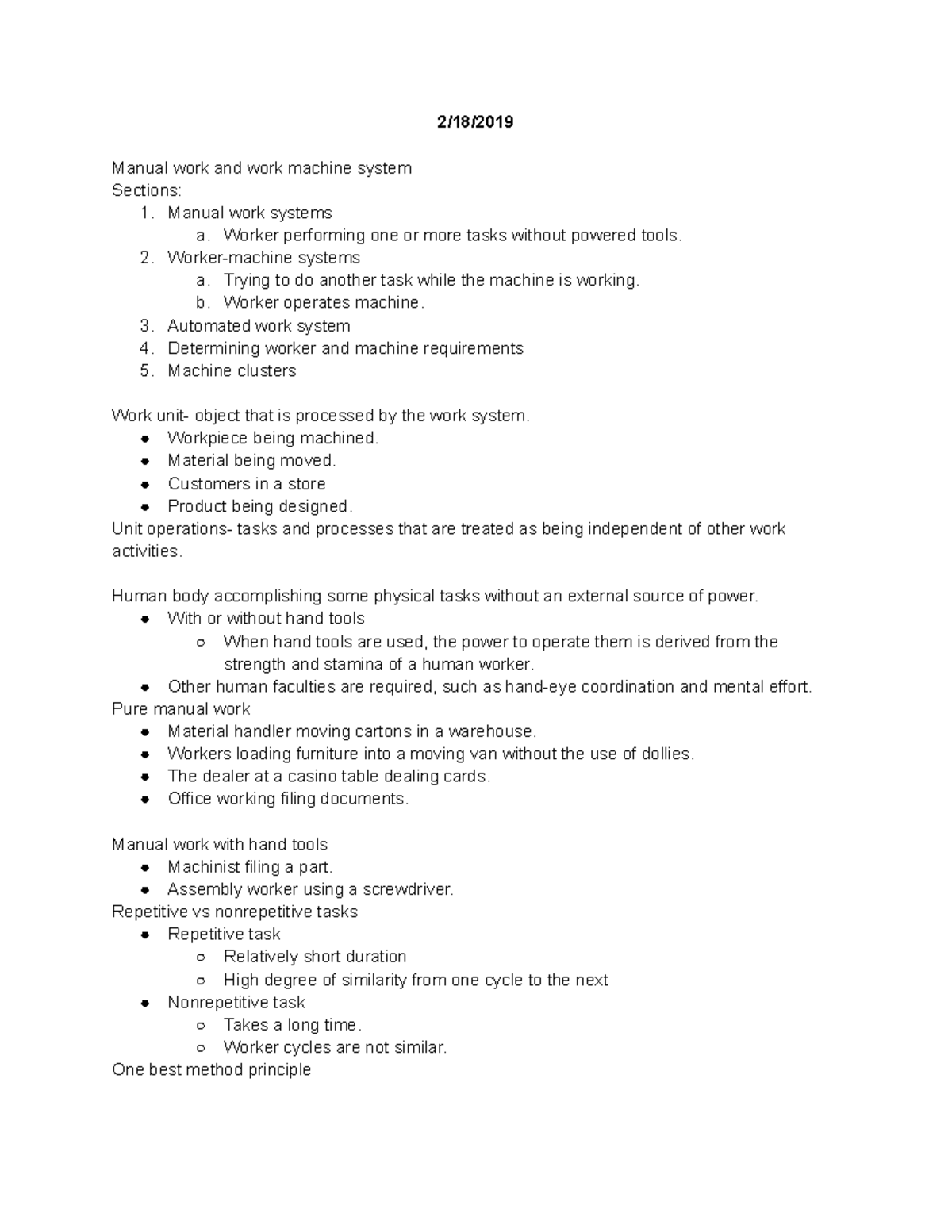 Class 2 - Lecture notes 2 - 2/18/ Manual work and work machine system ...