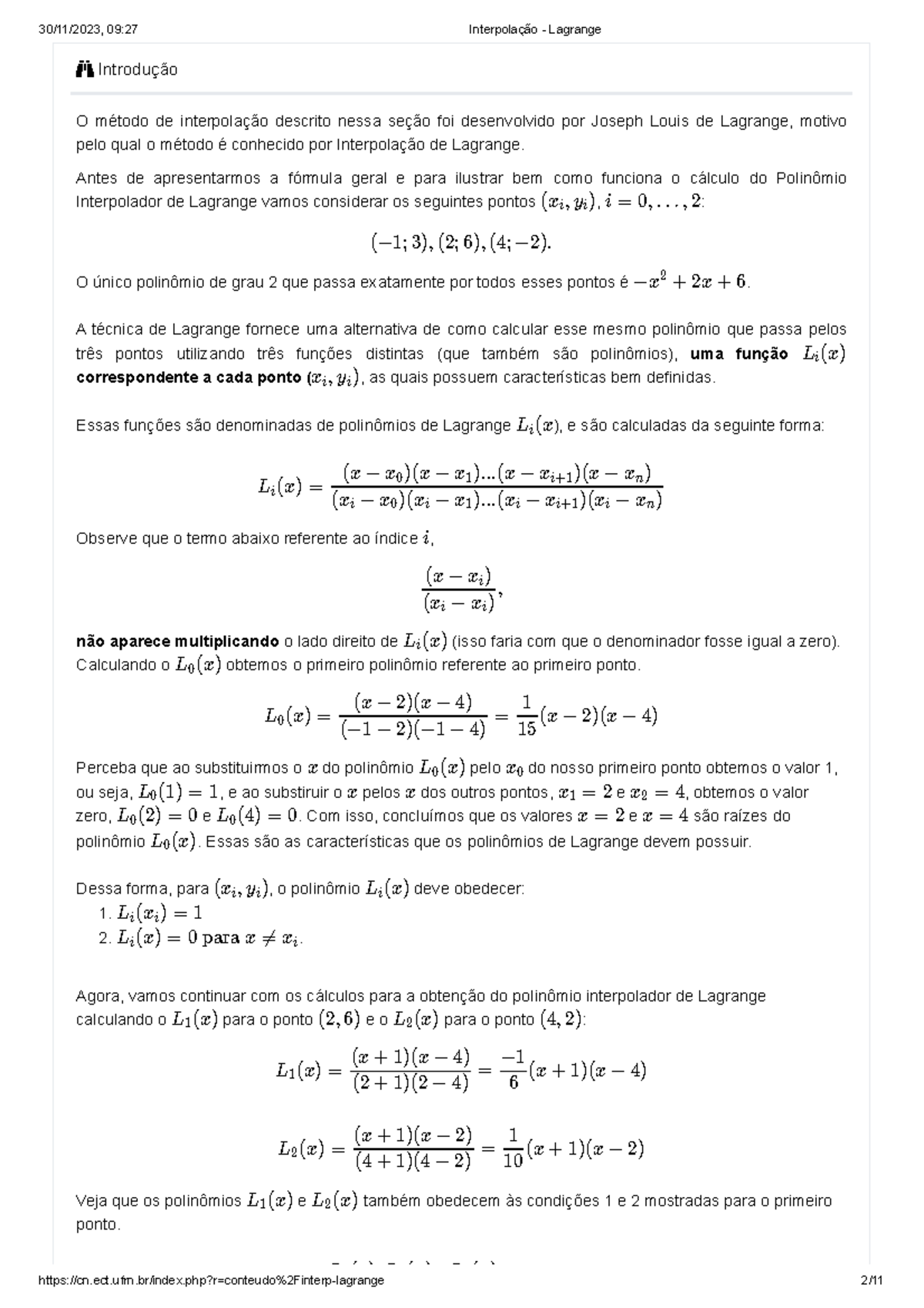 Interpolação - Lagrange - Antes de apresentarmos a fórmula geral e para ...
