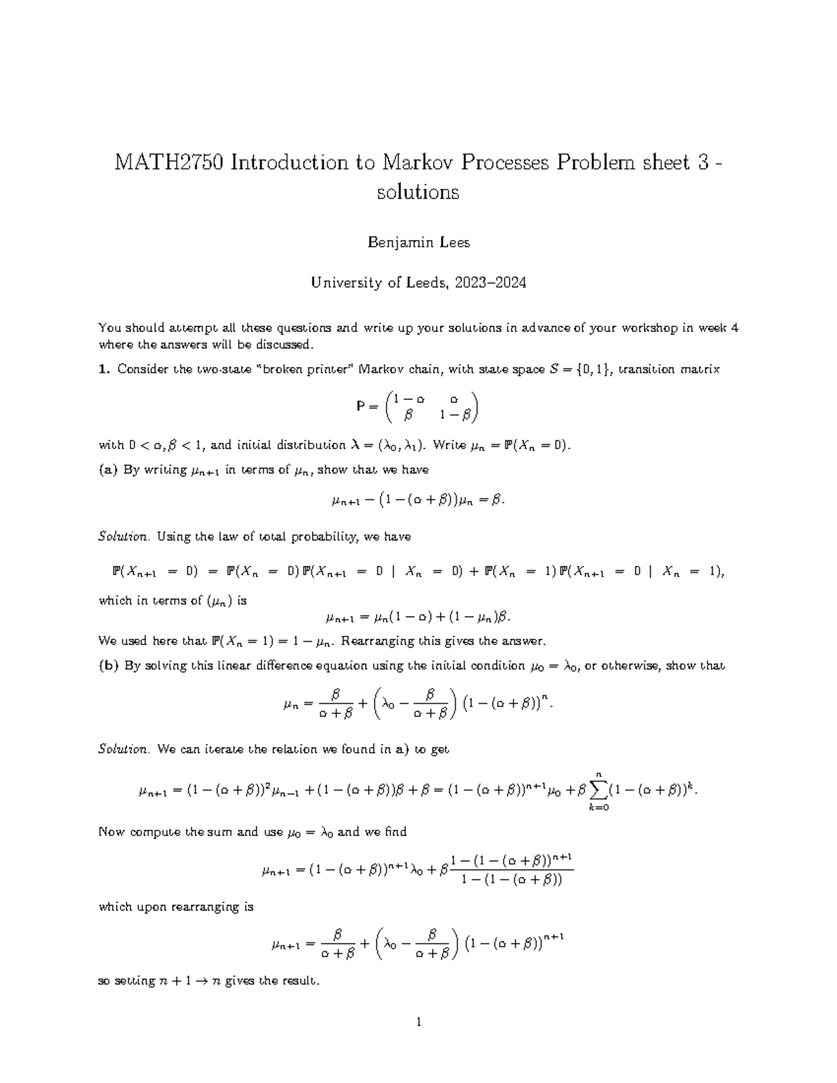 P03-solutions - problem sheet - MATH2750 Introduction to Markov Processes Problem sheet 3 ...
