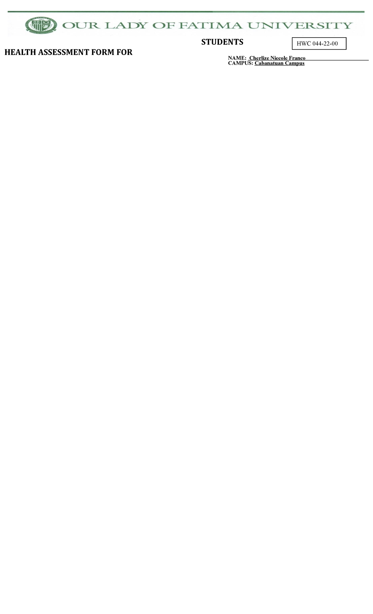 Revised HAF 2022 for students 1 - HEALTH ASSESSMENT FORM FOR STUDENTS ...