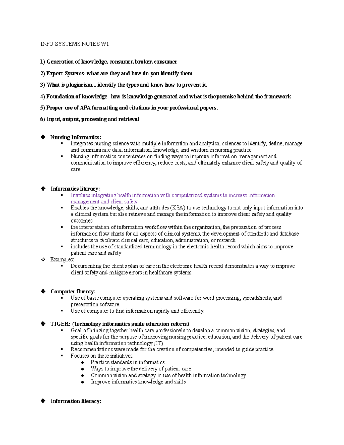 INFO Systems Notes W1 - INFO SYSTEMS NOTES W 1) Generation of knowledge ...