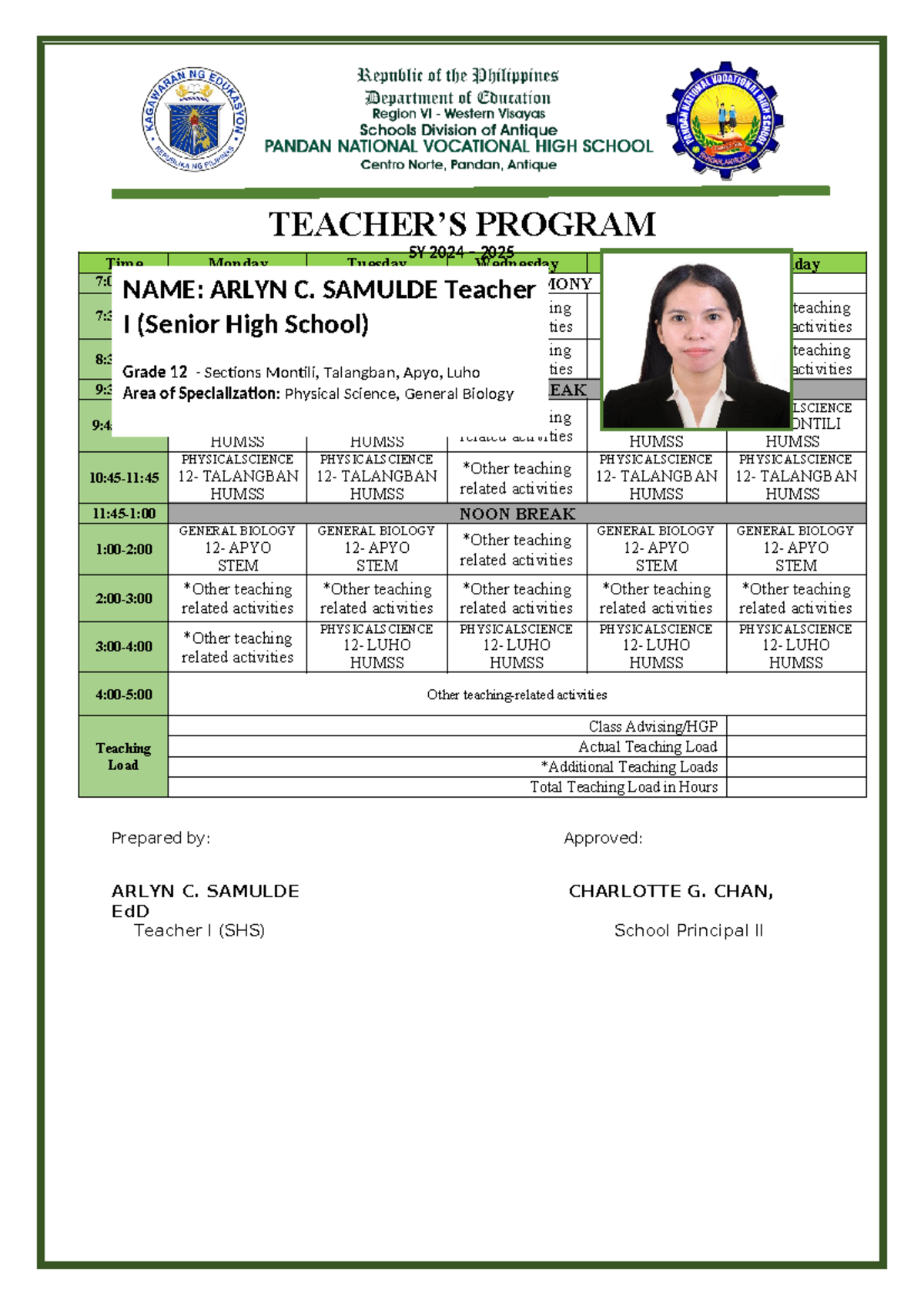 Teachers program SY 2024 2025 Copy - TEACHER’S PROGRAM Time Monday ...