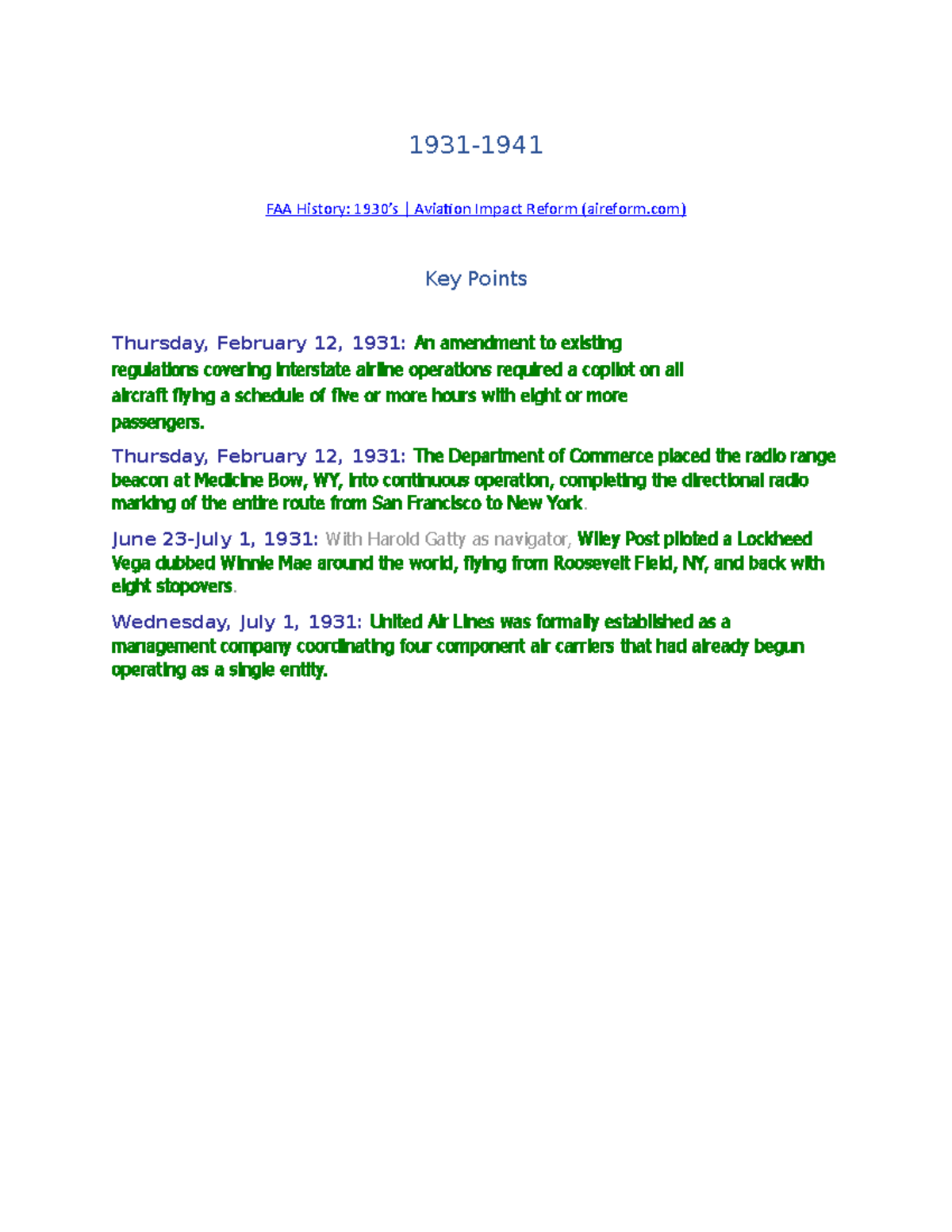 1931-1941 Aviation History Timeline - Copy - 1931- FAA History: 1930’s ...