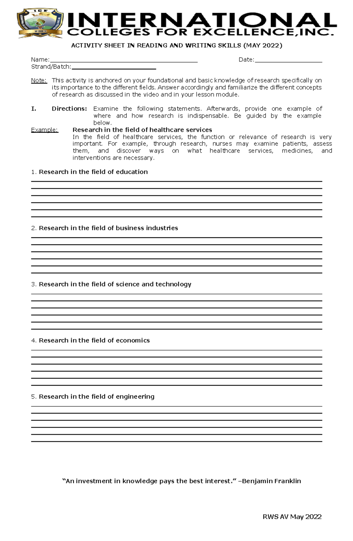 Activity Sheet RWS May 2022 - RWS AV May 2022 ACTIVITY SHEET IN READING ...
