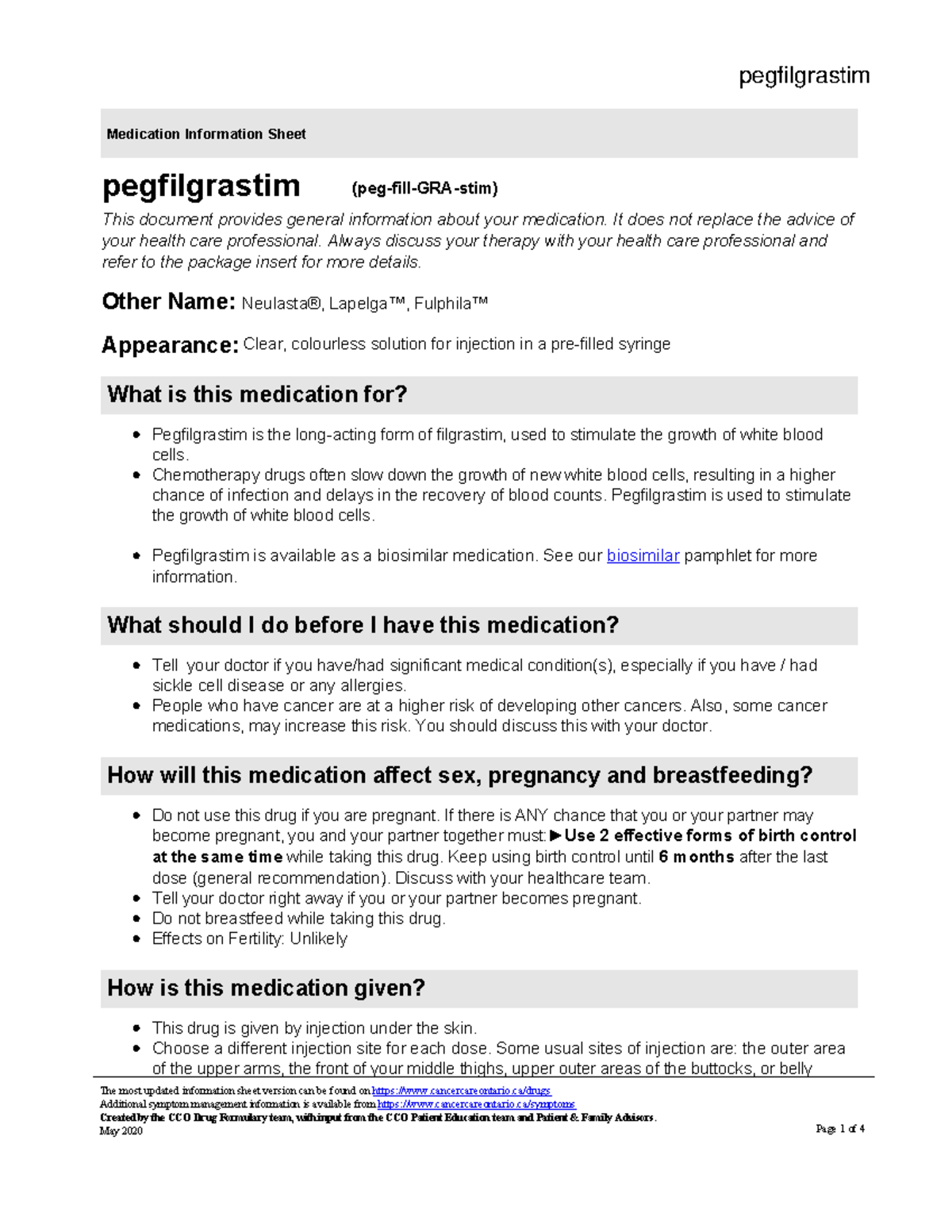Pegfilgrastim patient - Medication Information Sheet pegfilgrastim (peg ...