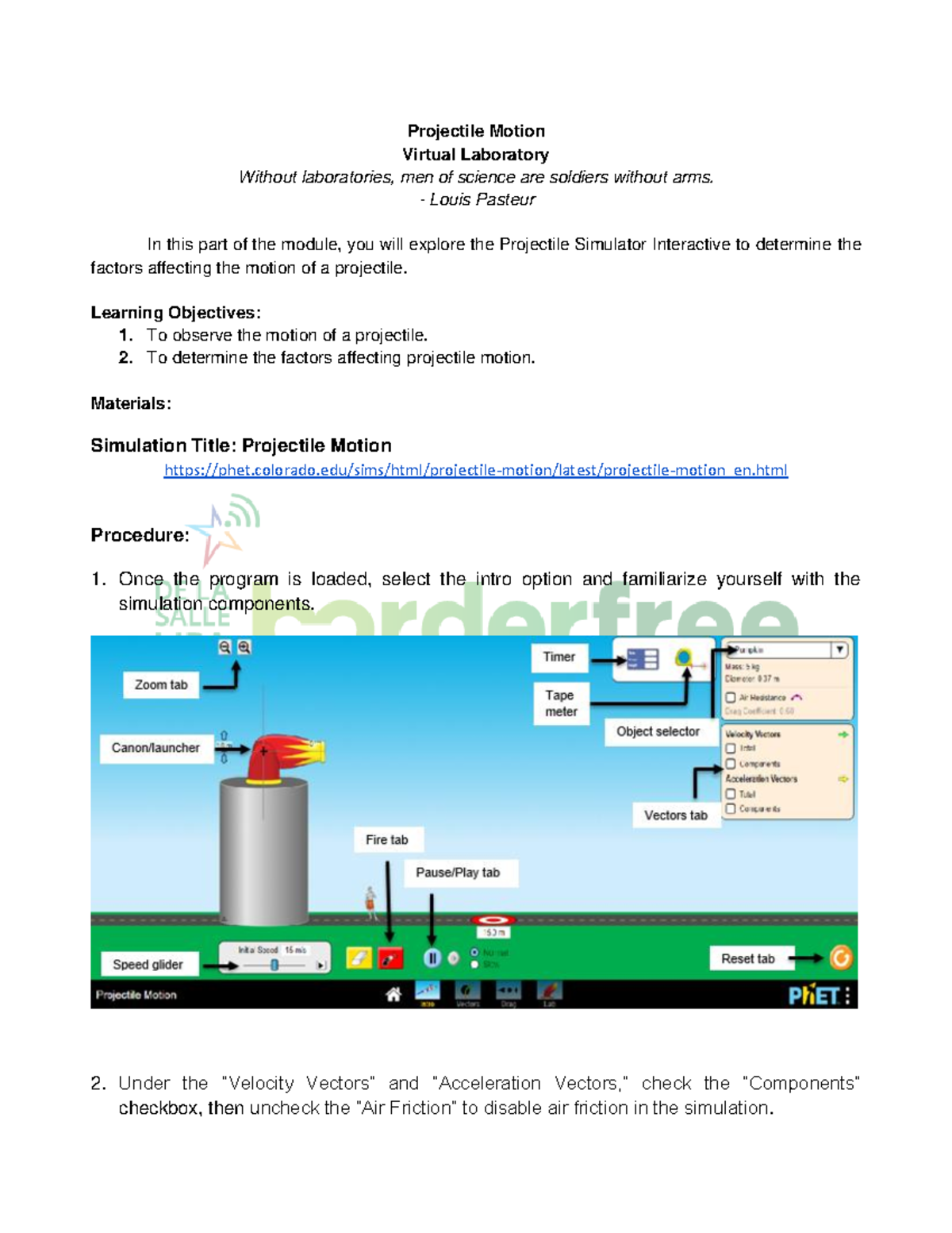 Projectile Motion Activity Sheet - Projectile Motion Virtual Laboratory ...