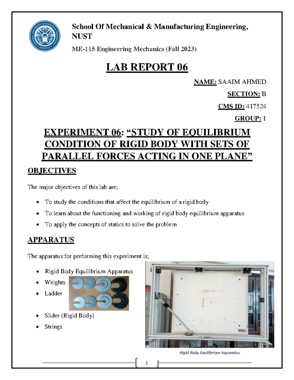 Lab Report 6; Saaim Ahmed 417524 - NUST ME-115 Engineering Mechanics ...