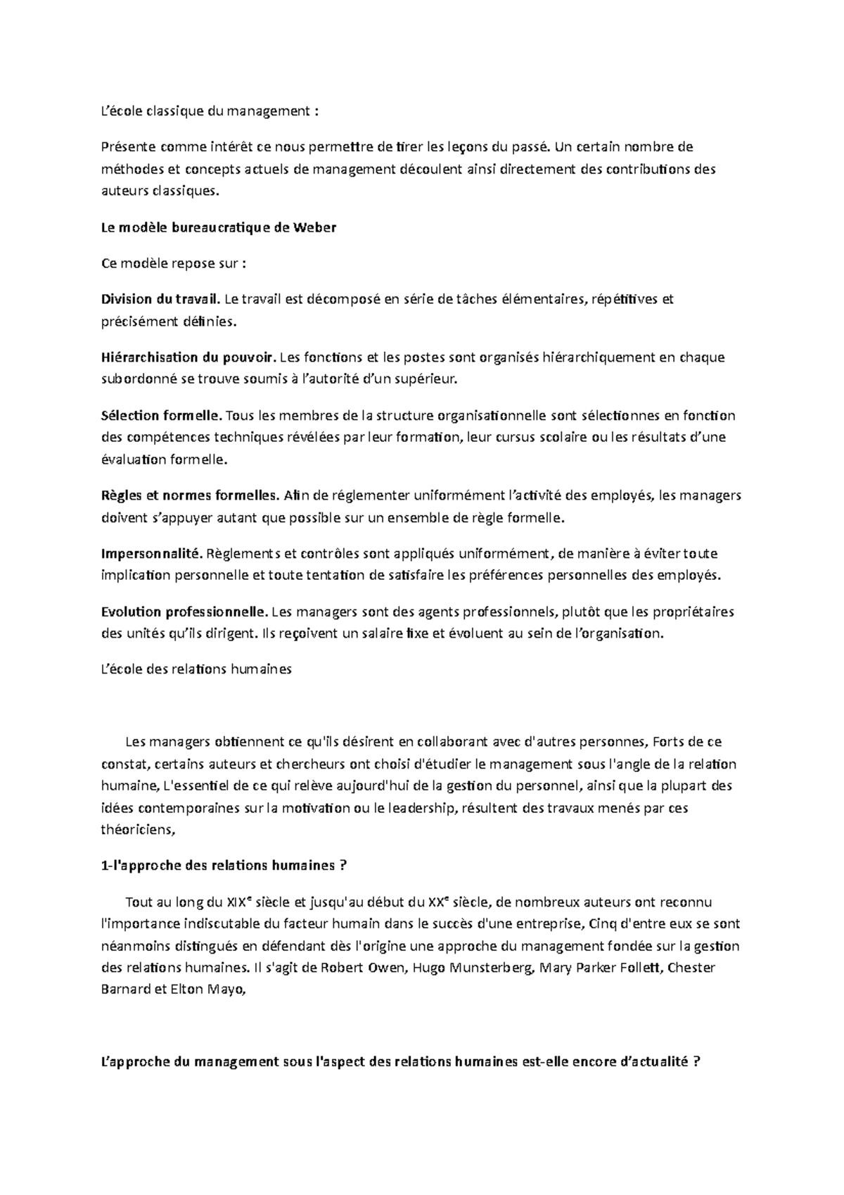 Management - L’école classique du management : Présente comme intérêt ...