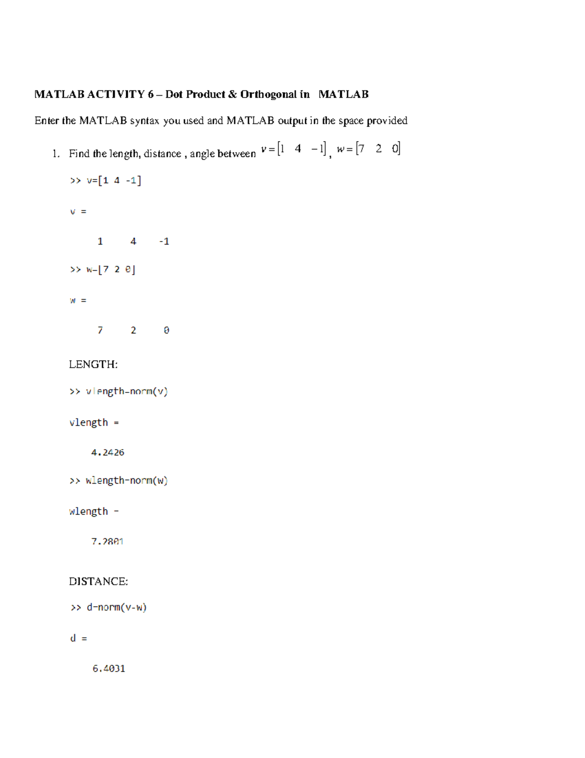 Dot Product in Matlab - Linear Algebra With Matlab - TIP - Studocu