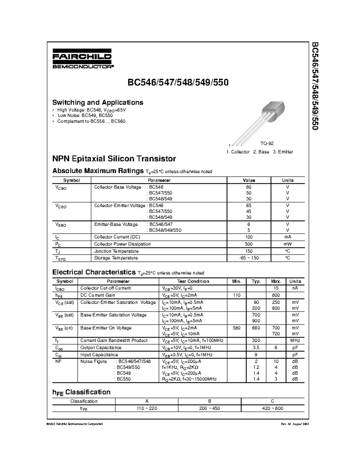 BC546 - Datasheet jellybean npn transistor - ©2002 Fairchild ...
